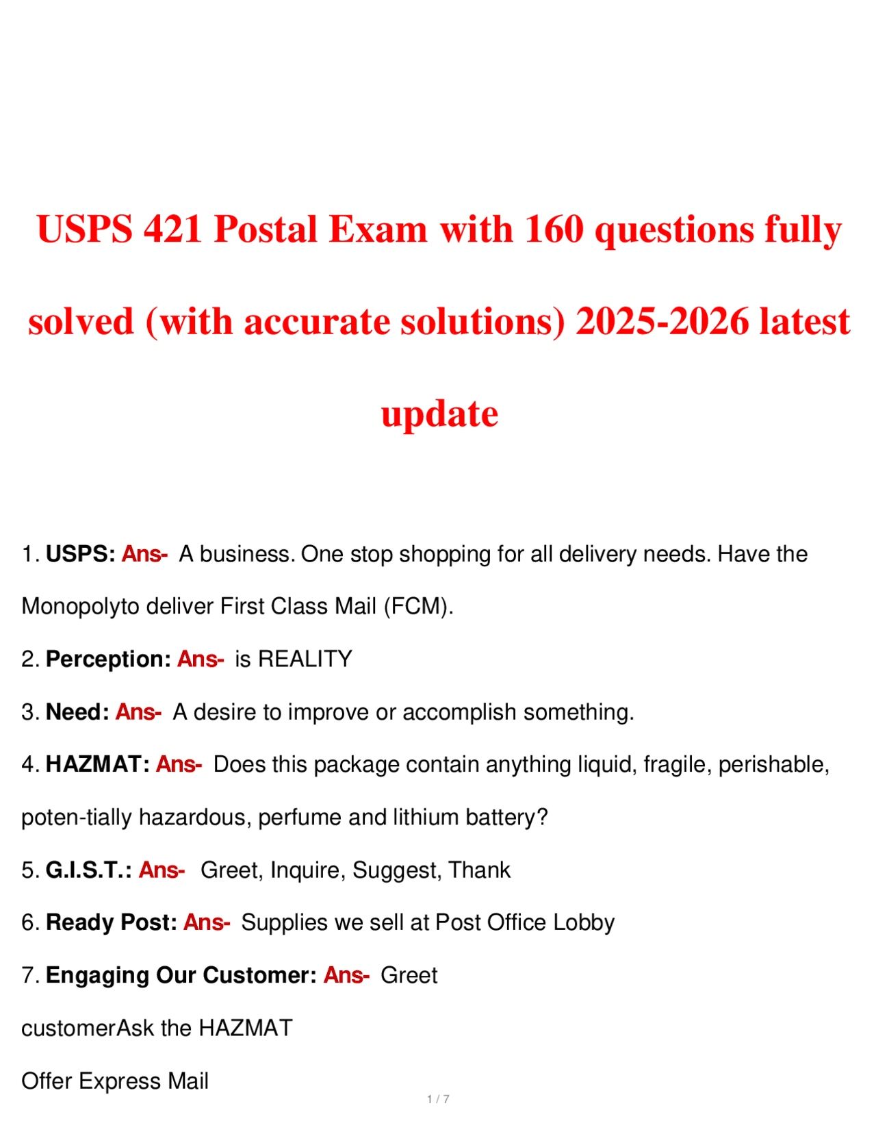 USPS 421 Postal Exam with 160 questions fully solved (with accurate solutions) 2025-2026 l ...
