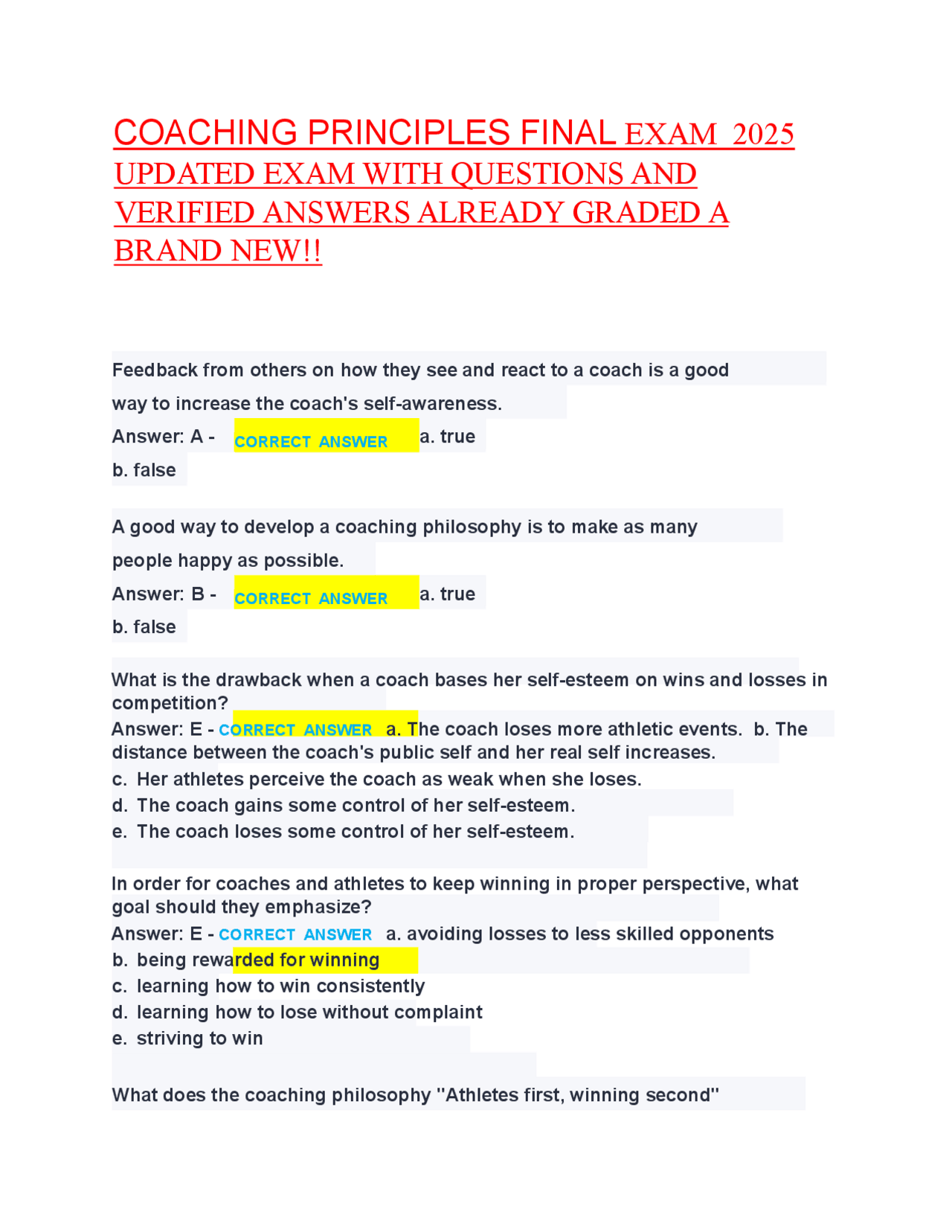 Coaching Principles Final Exam: Questions and Verified Answers | Exams ...