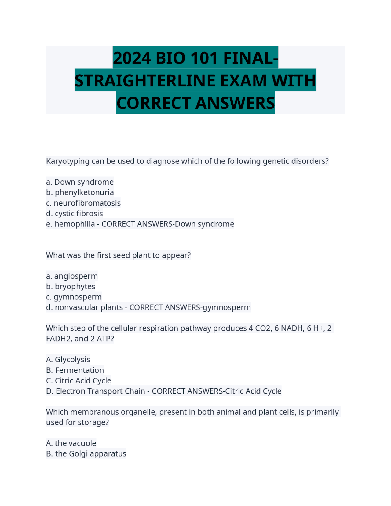 2024 BIO 101 FINAL- STRAIGHTERLINE EXAM WITH CORRECT ANSWERS | Exams ...