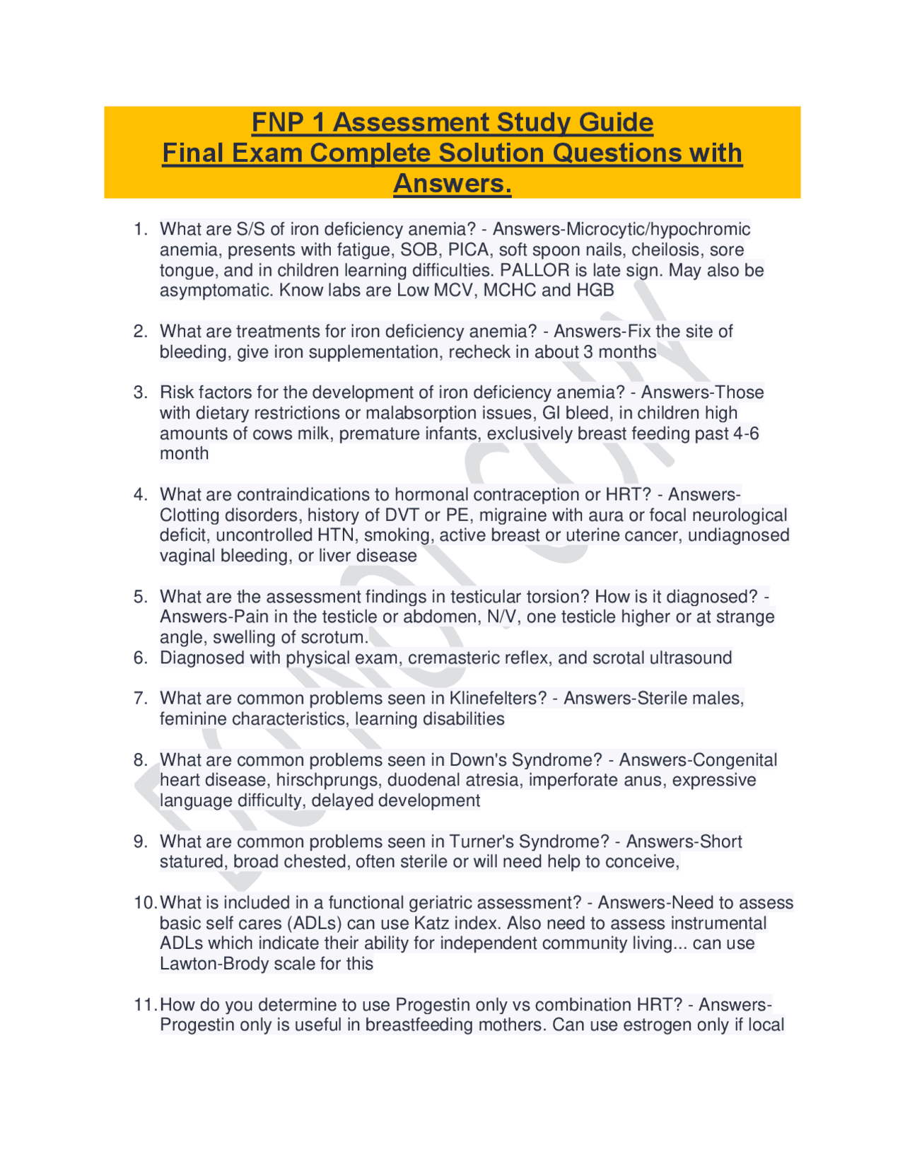FNP 1 Assessment Study Guide Final Exam Complete Solution Questions ...