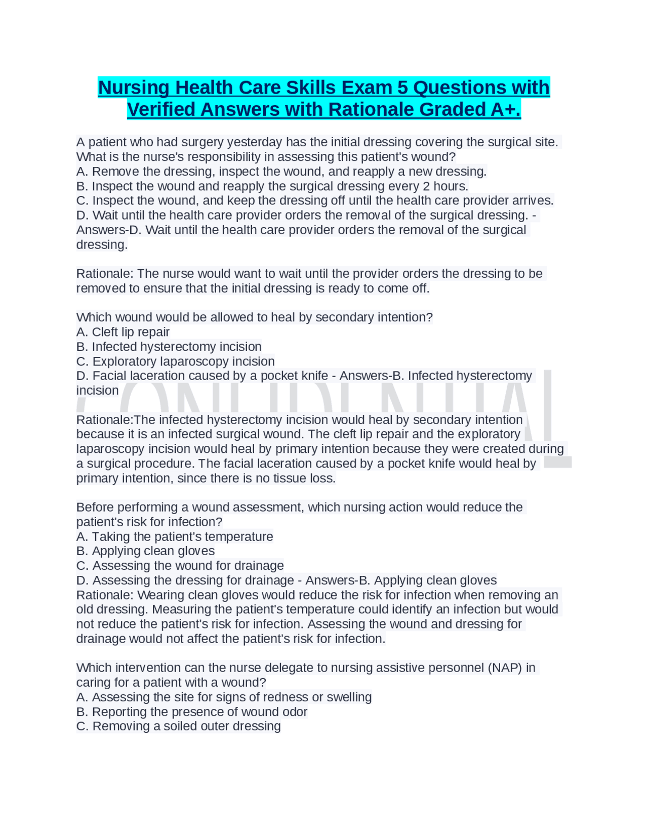 Nursing Health Care Skills Exam 5 Questions with Verified Answers with ...