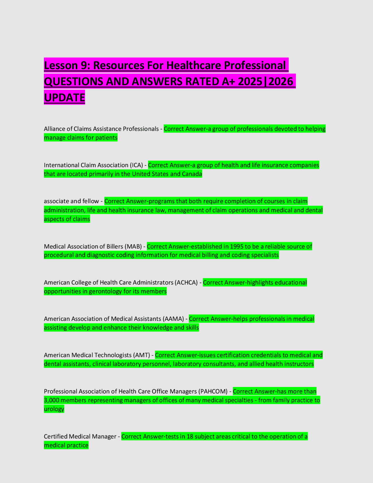 Lesson 9: Resources For Healthcare Professional QUESTIONS AND ANSWERS ...