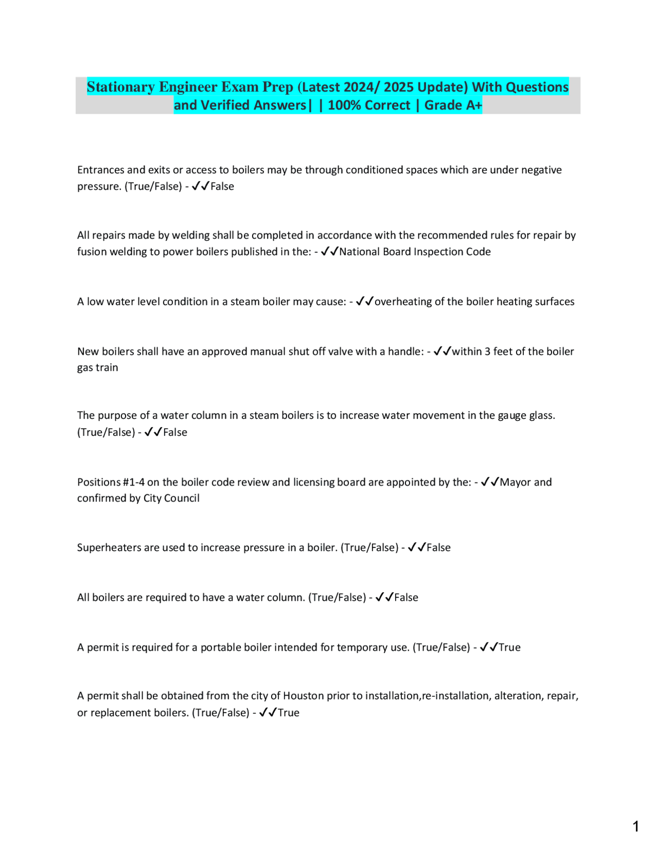 Stationary Engineer Exam Prep (Latest 2024/ 2025 Update) With Questions ...