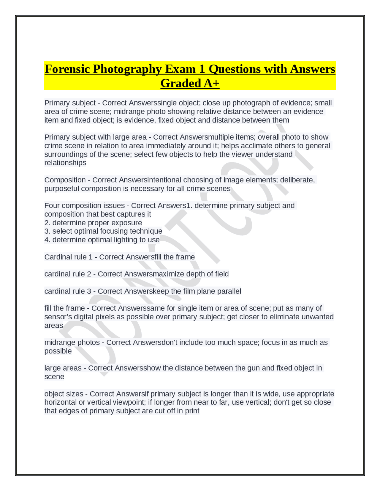 Forensic Photography Exam 1 Questions with Answers Graded A+ | Exams ...