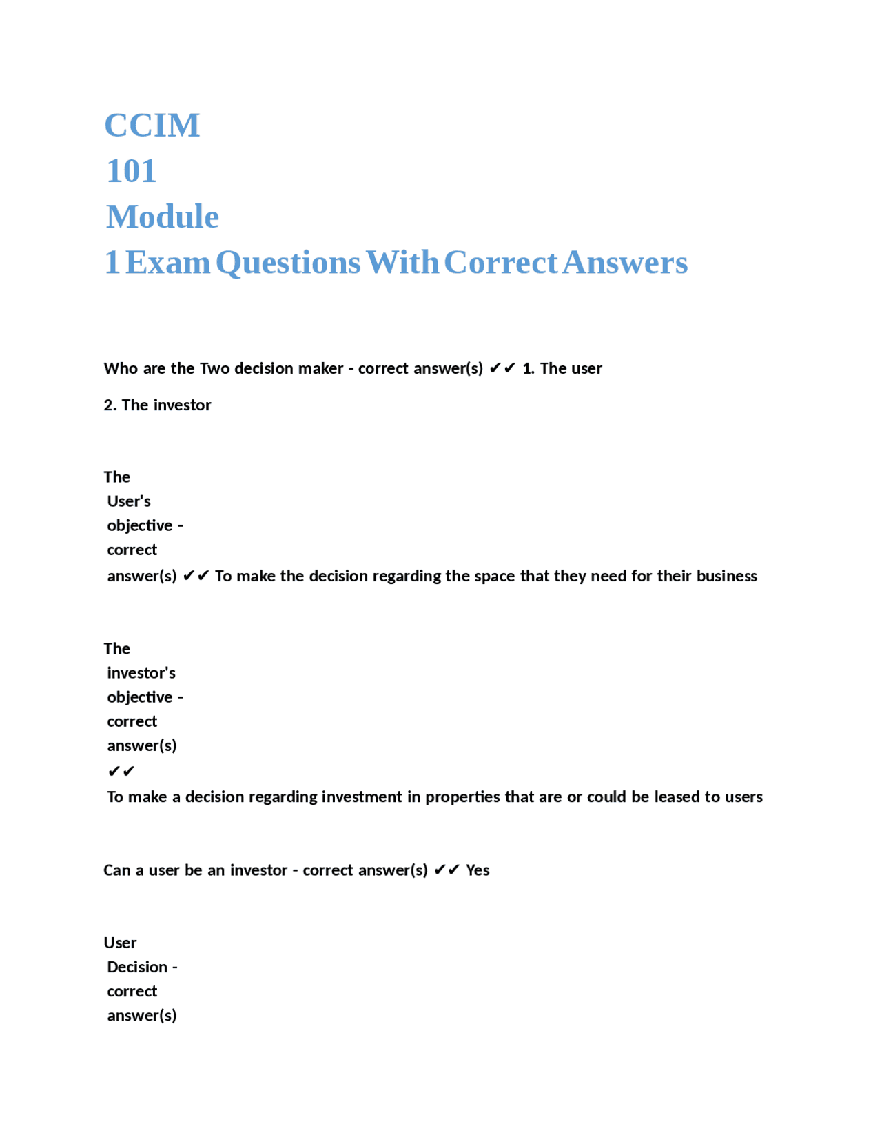 CCIM 101 Module 1 Exam Questions With Correct Answers | Exams Nursing ...