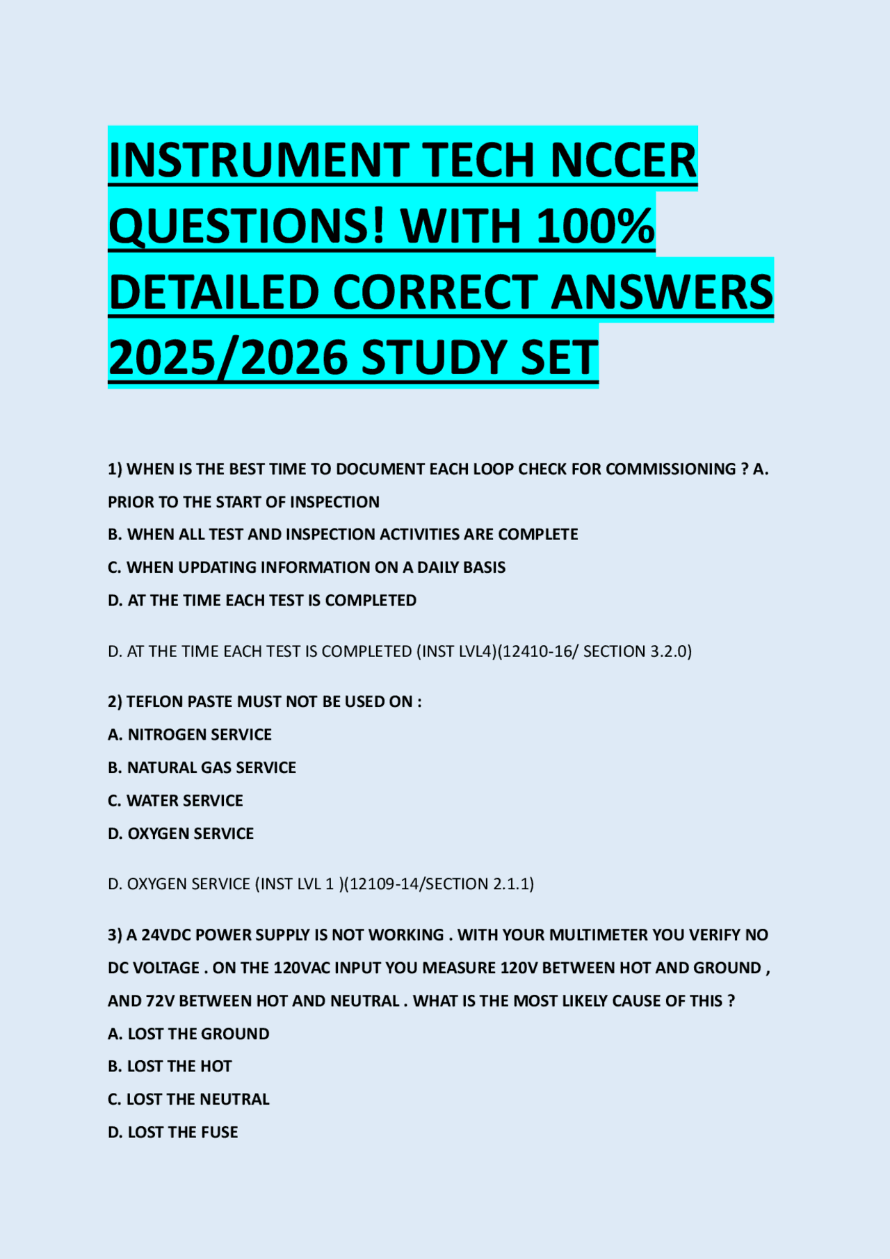 INSTRUMENT TECH NCCER QUESTIONS! WITH 100% DETAILED CORRECT ANSWERS ...