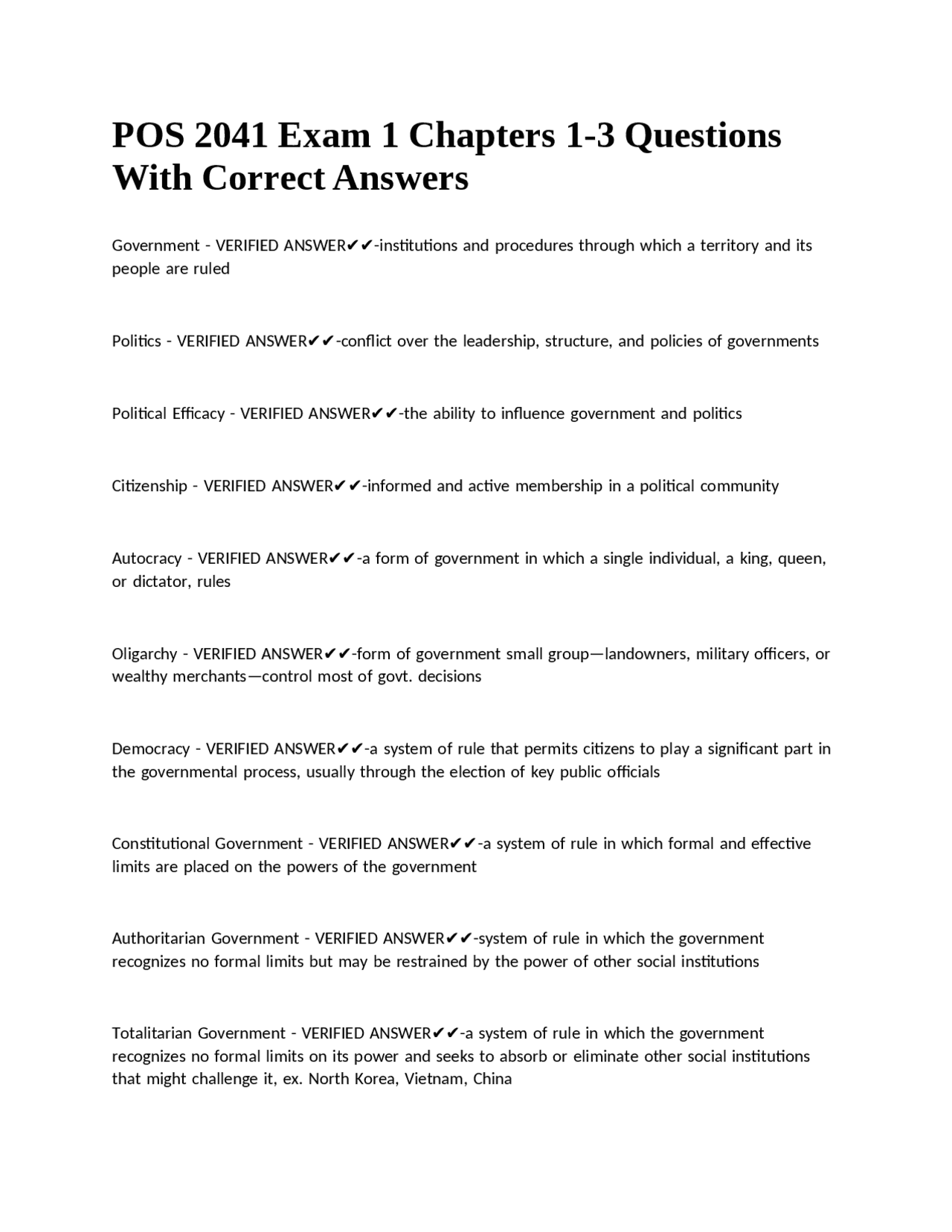 POS 2041 Exam 1 Chapters 1-3 Questions With Correct Answers. | Exams ...