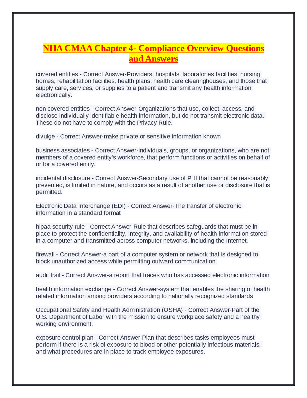 NHA CMAA Chapter 4- Compliance Overview Questions and Answers | Exams ...