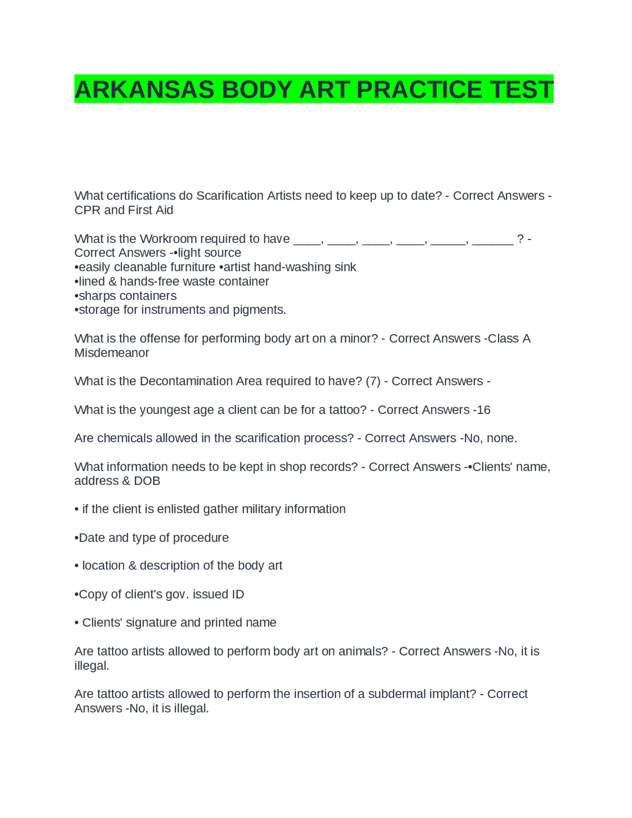 ARKANSAS BODY ART PRACTICE TEST 100% SOLVED | Exams Advanced Education ...