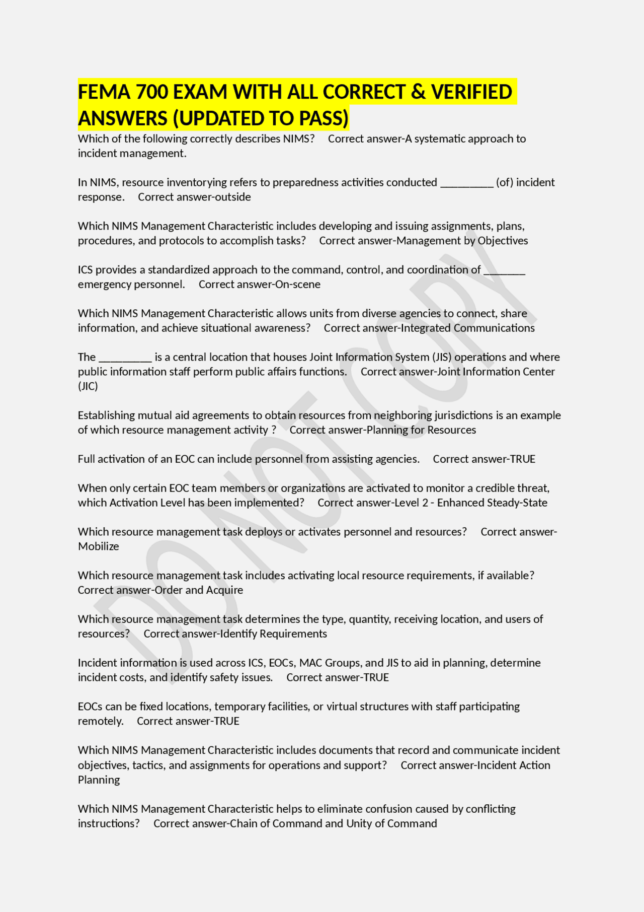 FEMA 700 EXAM WITH ALL CORRECT & VERIFIED ANSWERS (UPDATED TO PASS ...