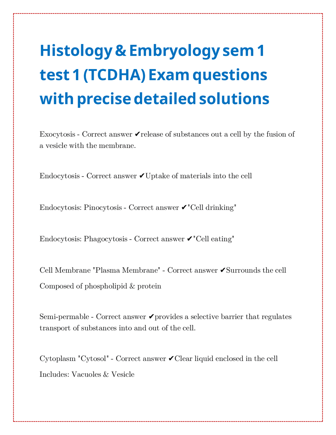 Histology & Embryology sem 1 test 1 (TCDHA) Exam questions with precise ...