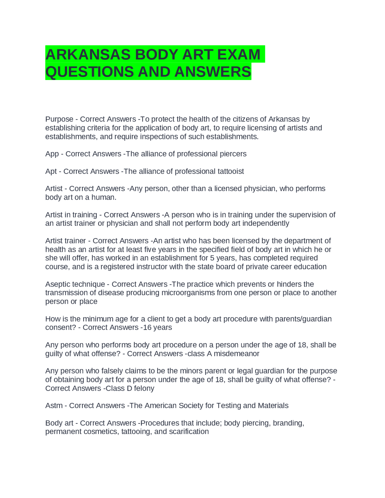 ARKANSAS BODY ART EXAM QUESTIONS AND ANSWERS | Exams Advanced Education ...