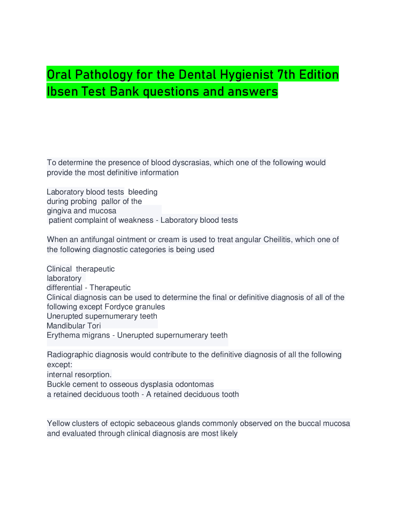 Oral Pathology for the Dental Hygienist 7th Edition Ibsen Test Bank ...