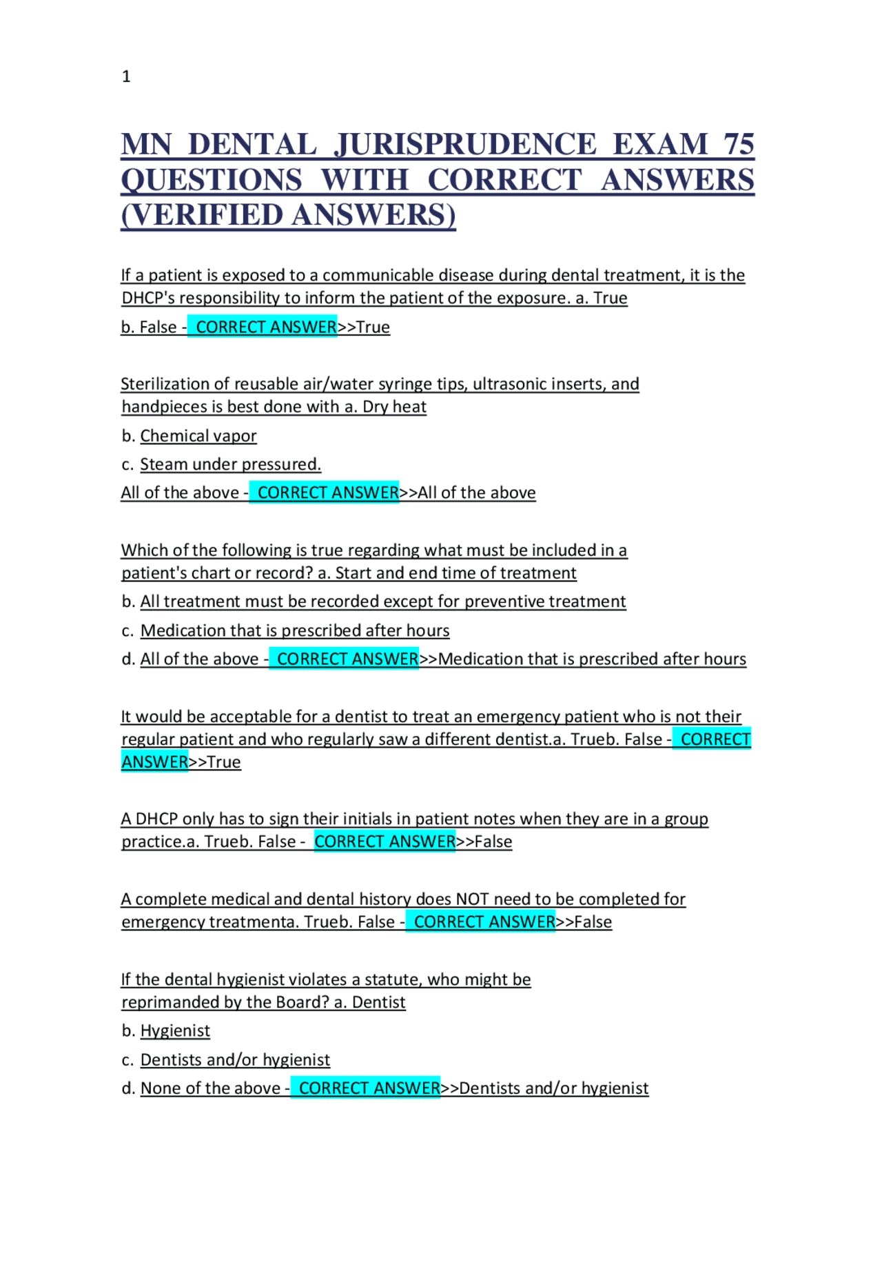 MN DENTAL JURISPRUDENCE EXAM 75 QUESTIONS WITH CORRECT ANSWERS ...