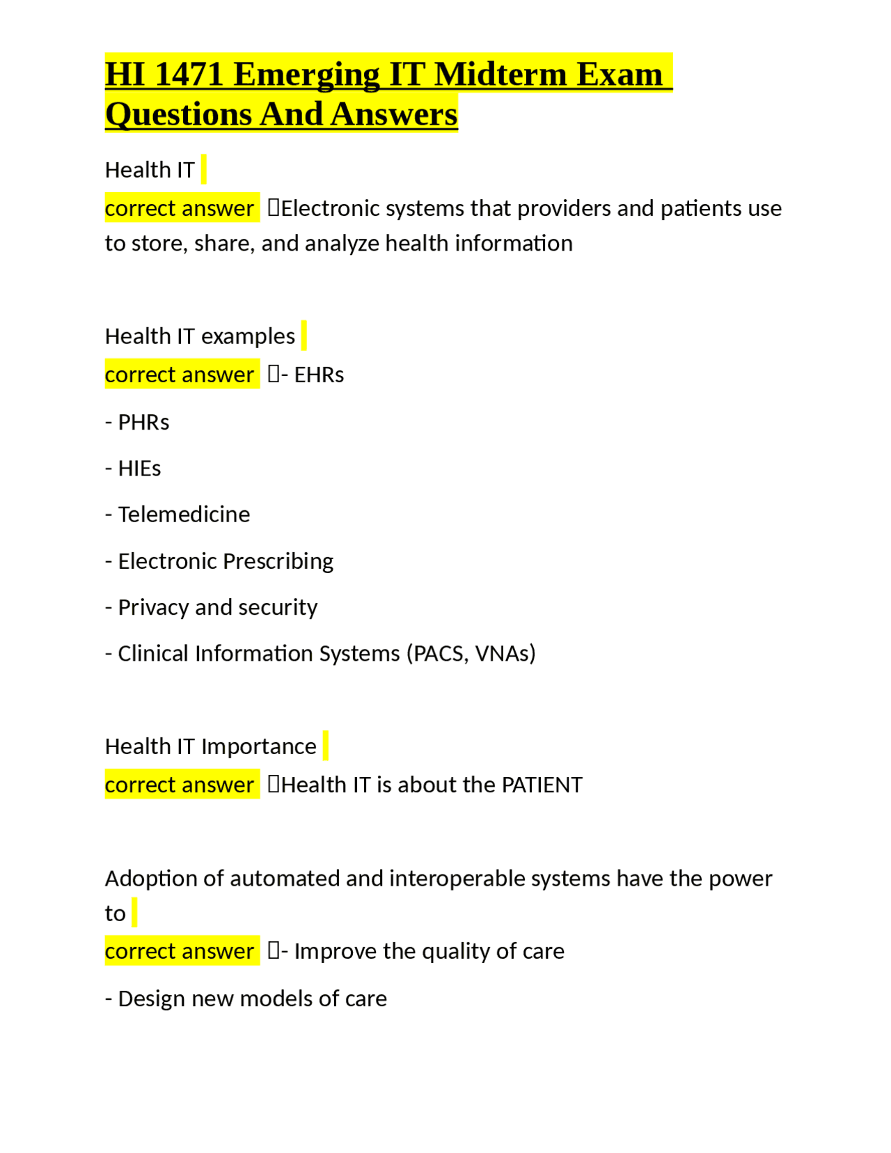 HI 1471 Emerging IT Midterm Exam Questions And Answers | Exams Computer ...