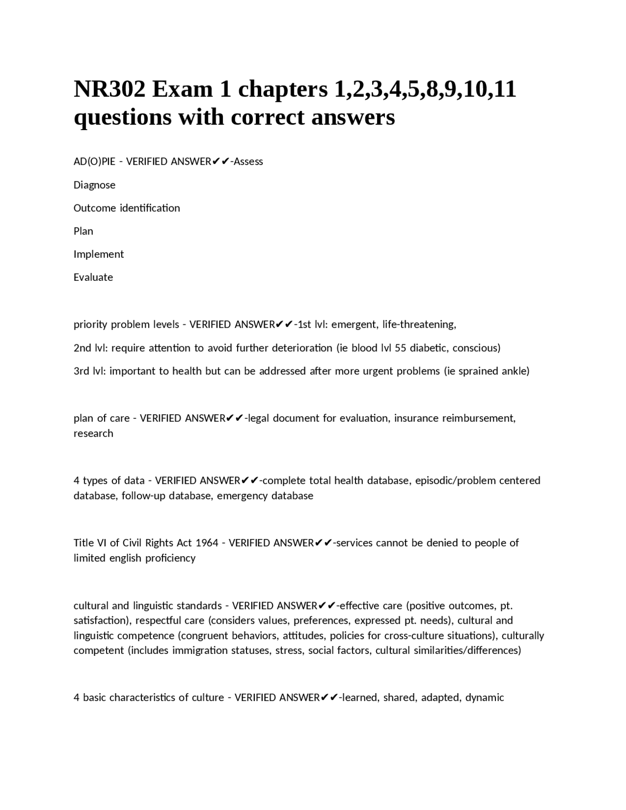 NR302 Exam 1 chapters 1,2,3,4,5,8,9,10,11 questions with correct ...