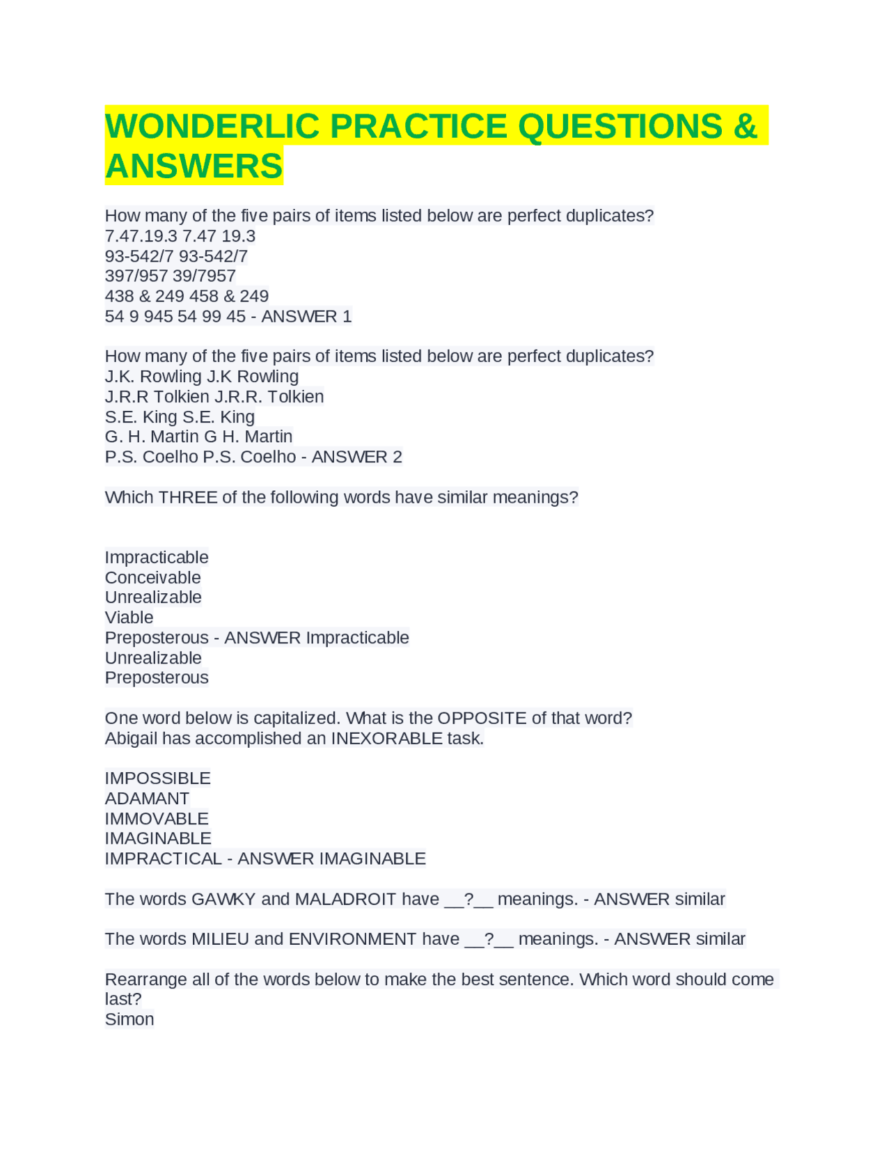 WONDERLIC PRACTICE QUESTIONS & ANSWERS | Exams Accounting | Docsity