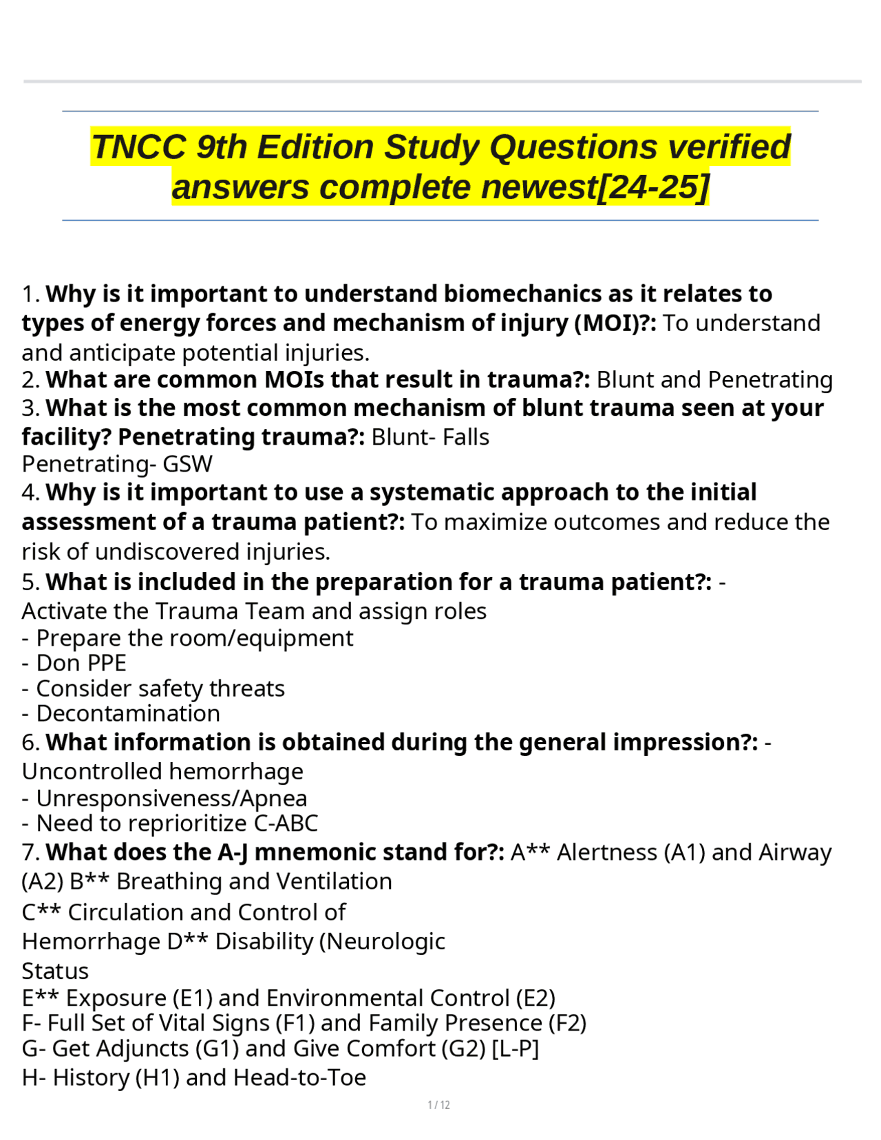 TNCC 9th Edition Study Questions verified answers complete newest[24-25 ...