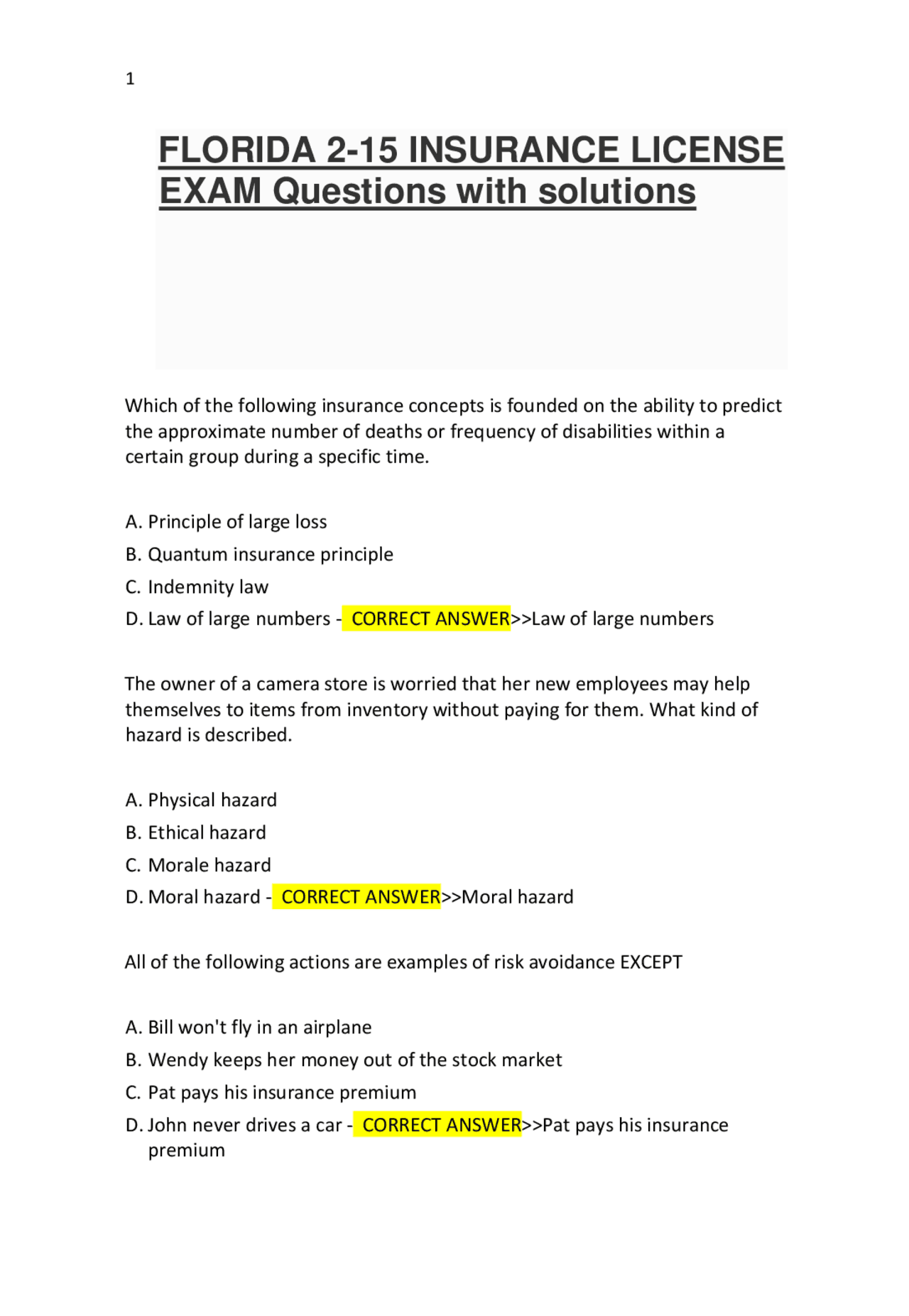 FLORIDA 2-15 INSURANCE LICENSE EXAM Questions with solutions | Exams ...