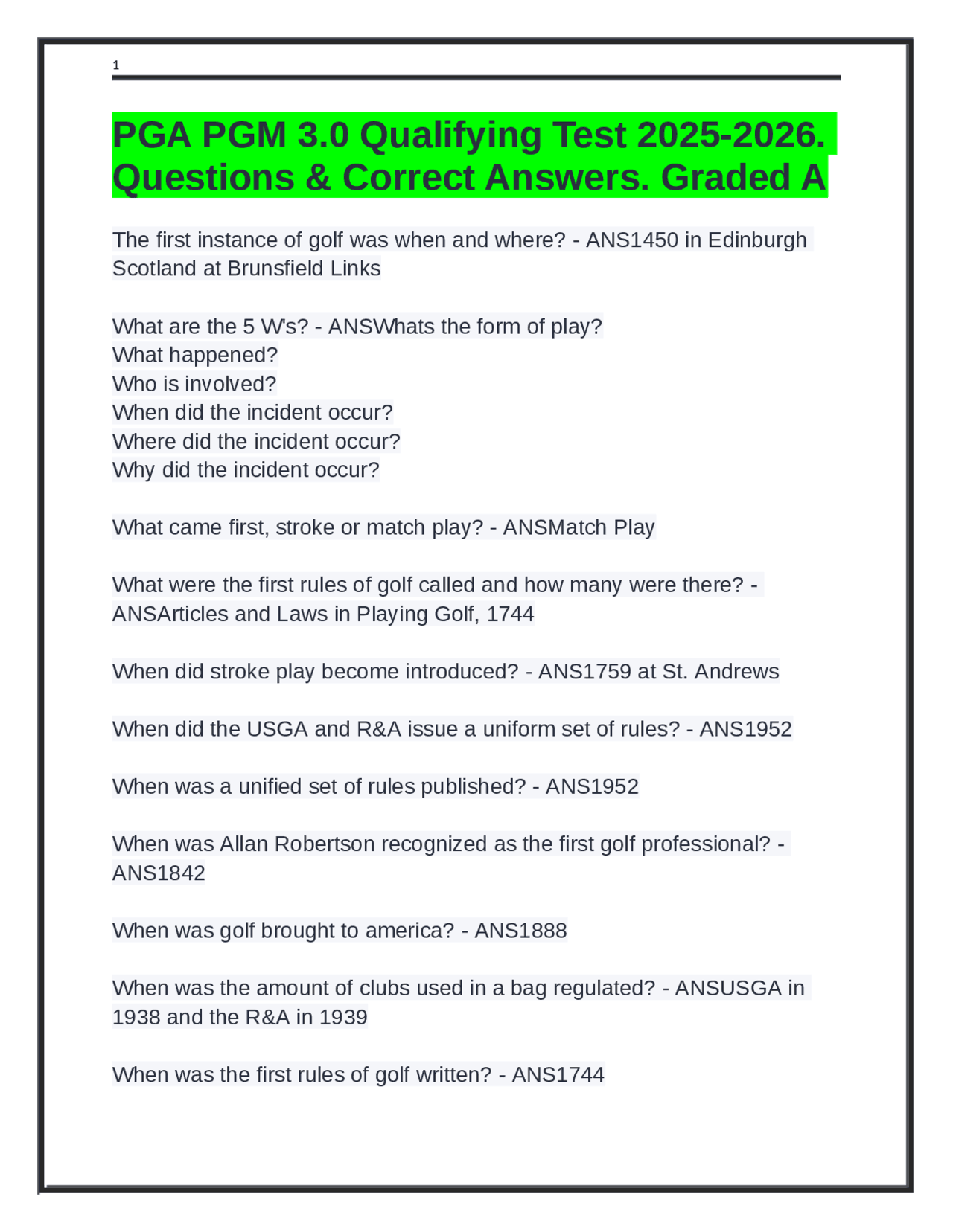 PGA PGM 3.0 Qualifying Test 2025-2026. Questions & Correct Answers ...