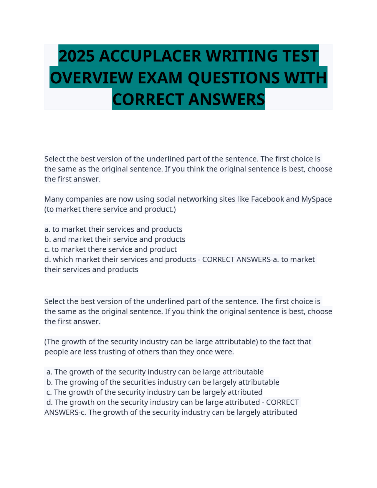 2025 ACCUPLACER WRITING TEST OVERVIEW EXAM QUESTIONS WITH CORRECT ...
