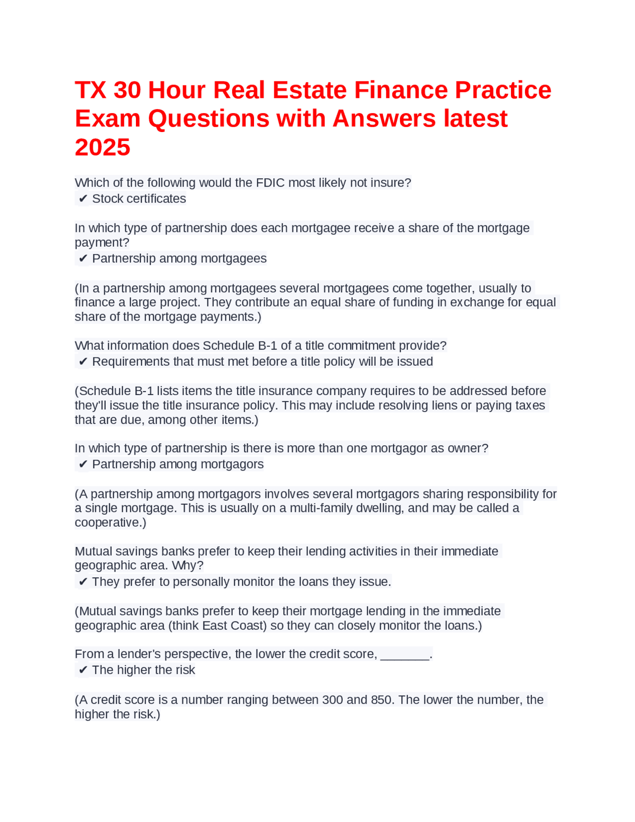 TX 30 Hour Real Estate Finance Practice Exam Questions with Answers ...