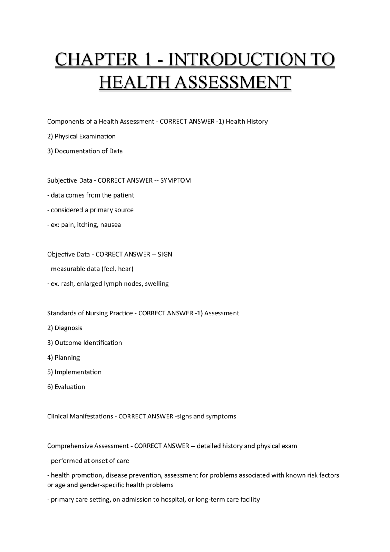 CHAPTER 1 - INTRODUCTION TO HEALTH ASSESSMENT Components of a Health ...