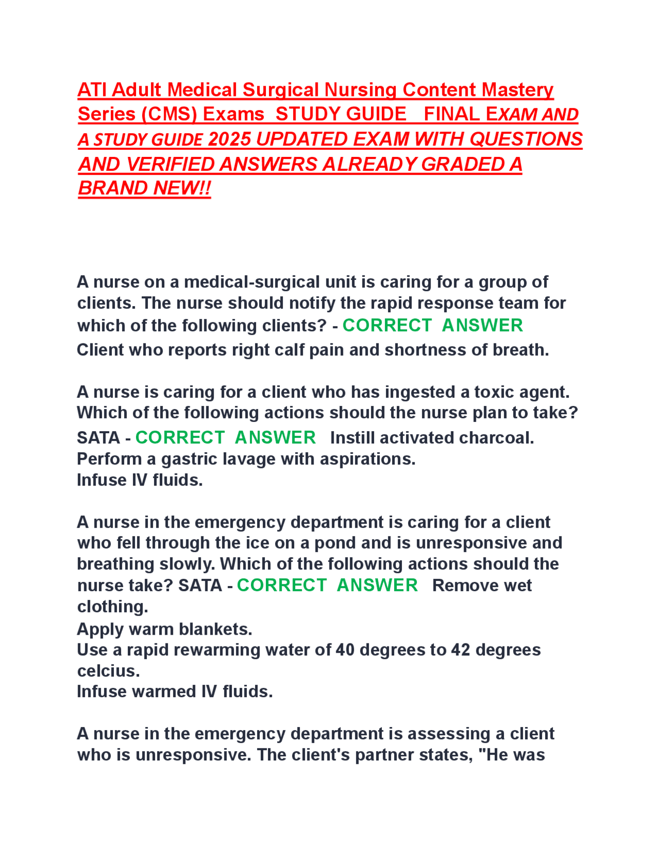 ATI Adult Medical Surgical Nursing Content Mastery Series (CMS) Exams ...