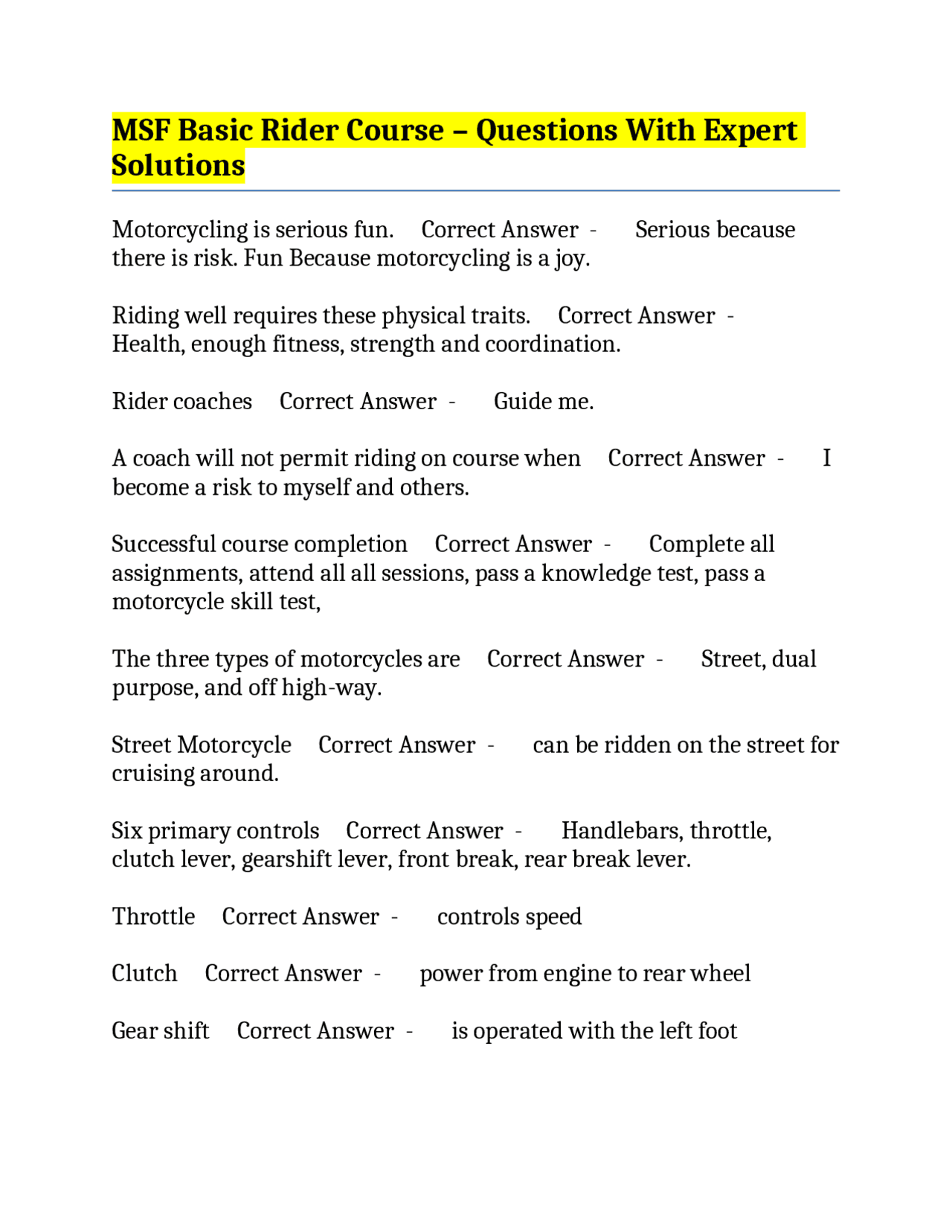MSF Basic Rider Course – Questions With Expert Solutions | Exams ...