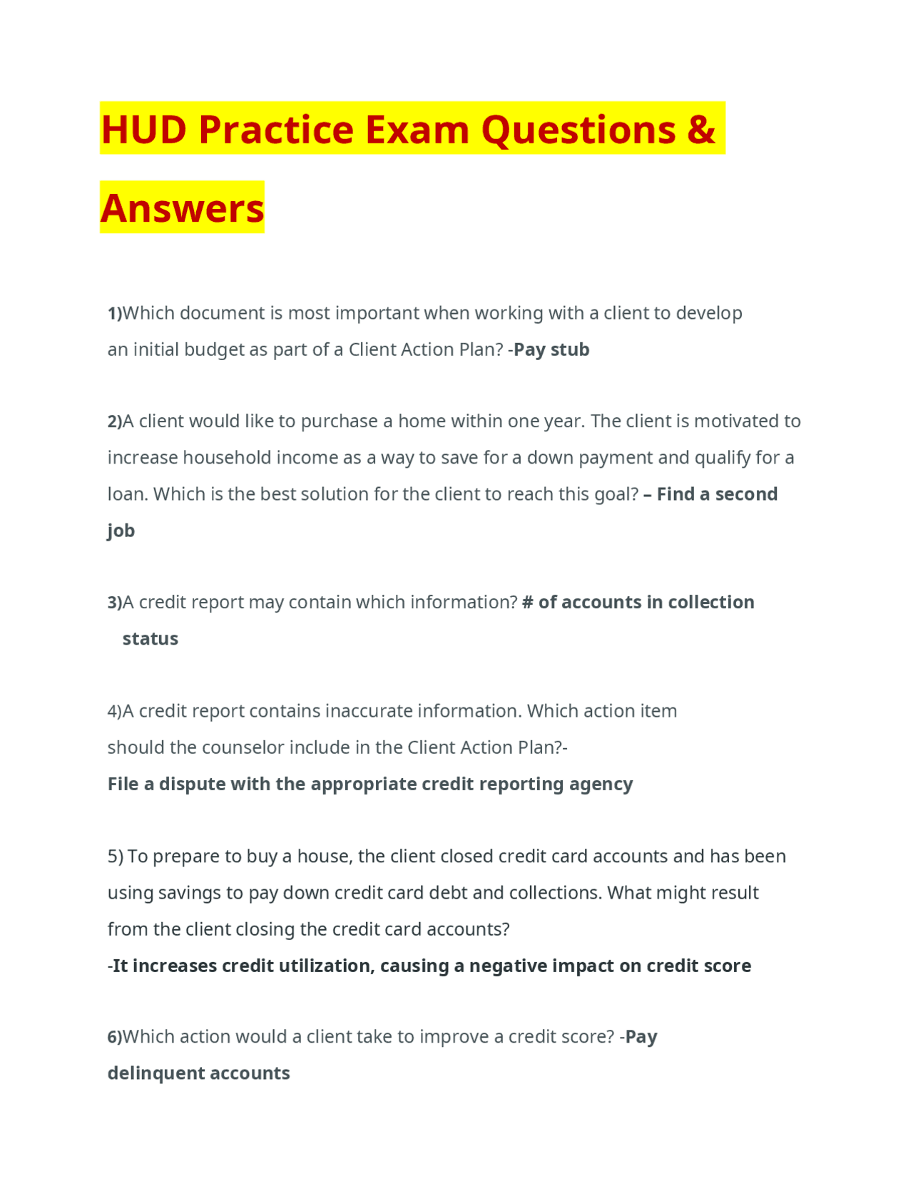 HUD Practice Exam Questions & Answers | Exams Advanced Education | Docsity