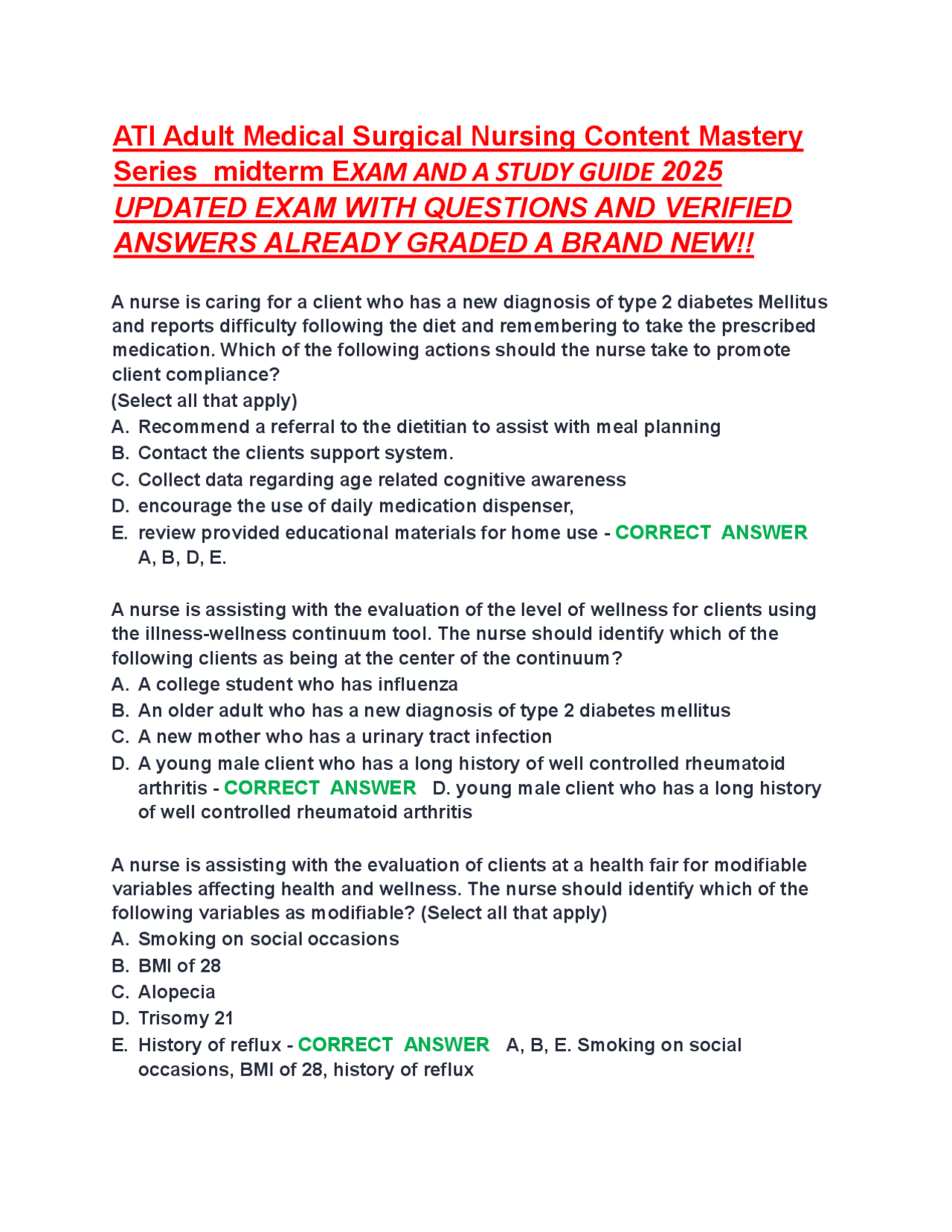 ATI Adult Medical Surgical Nursing Content Mastery Series midterm EXAM ...