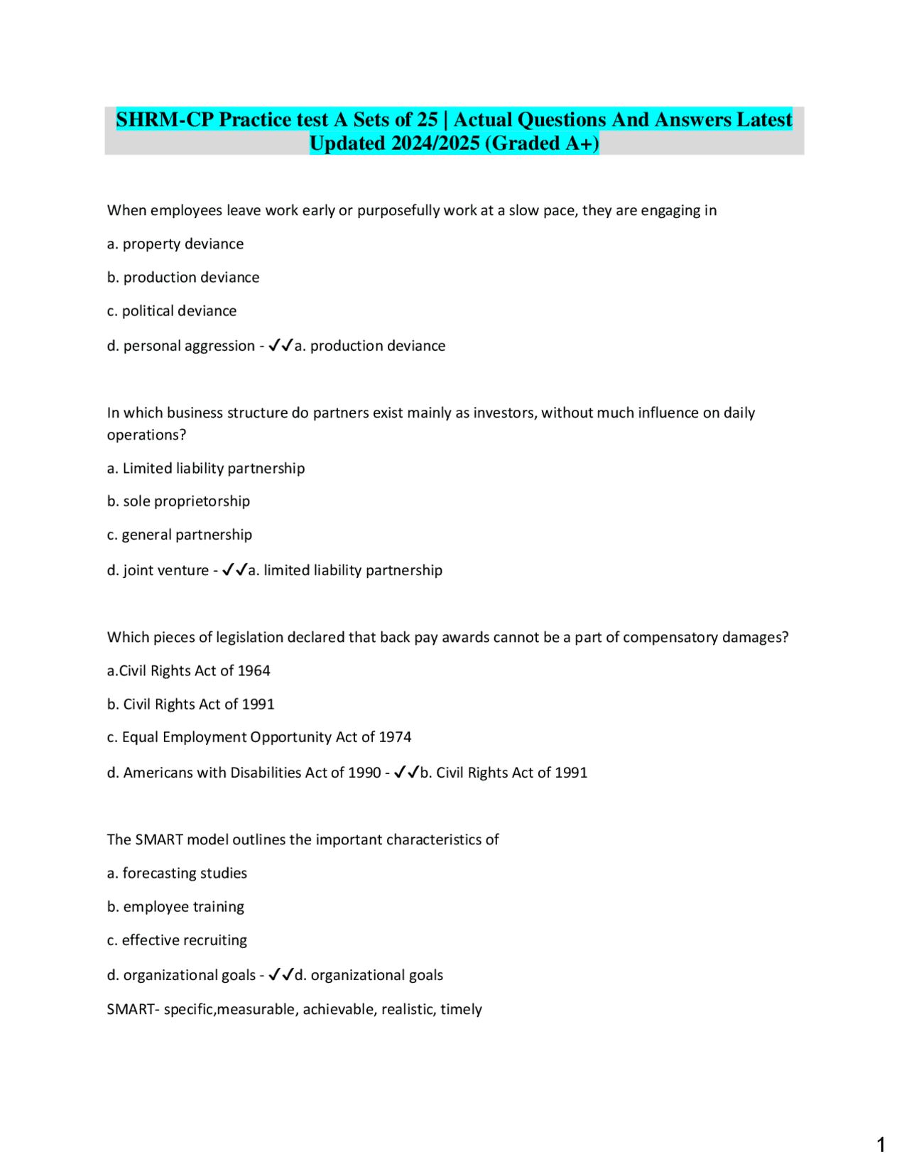SHRM-CP Practice Test: HR Management Questions and Answers 2024/2025 ...