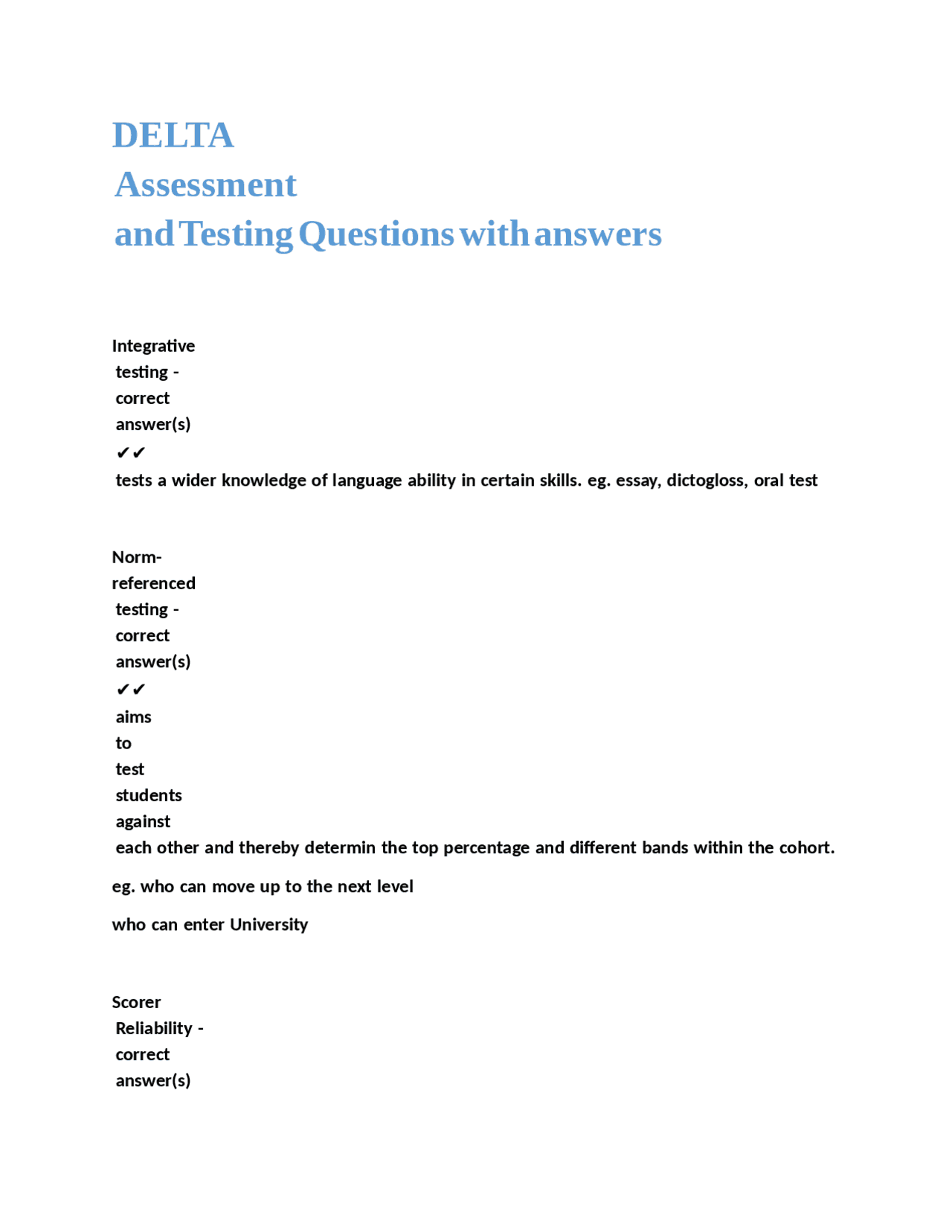 DELTA Assessment and Testing Questions with answers | Exams Advanced ...