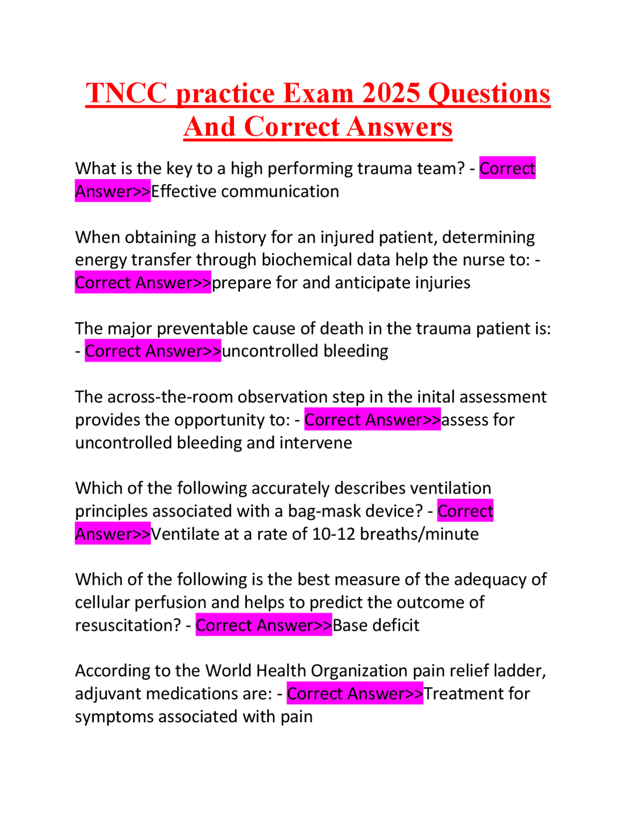 TNCC practice Exam 2025 Questions And Correct Answers | Exams Nursing ...