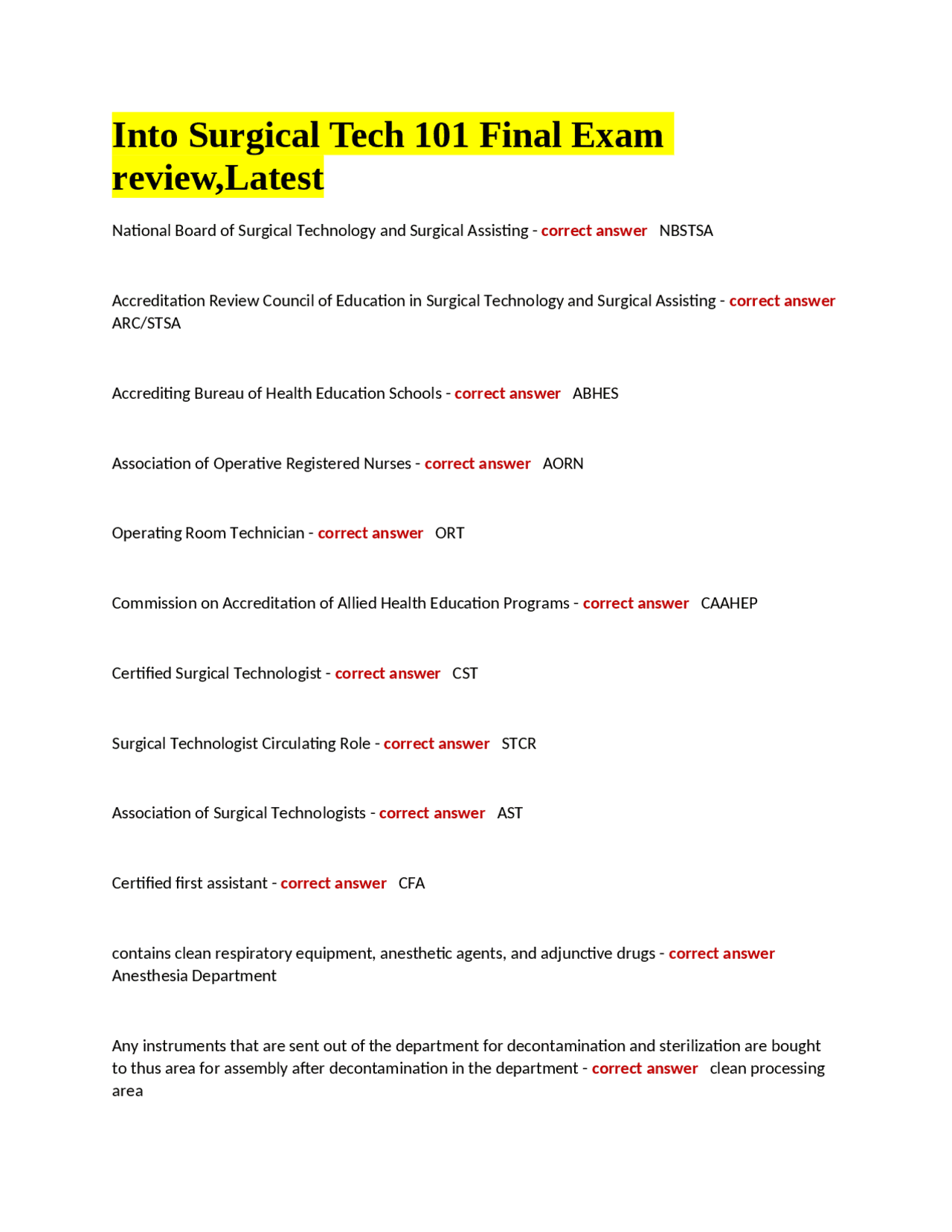 Into Surgical Tech 101 Final Exam review,Latest | Exams Health sciences ...