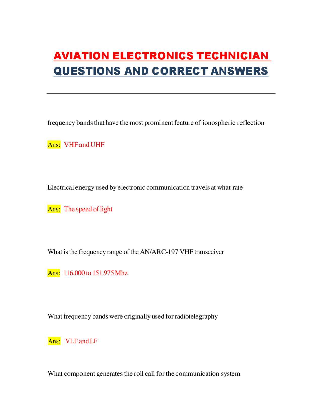 Aviation Electronics Technician – Certification Questions and Correct ...