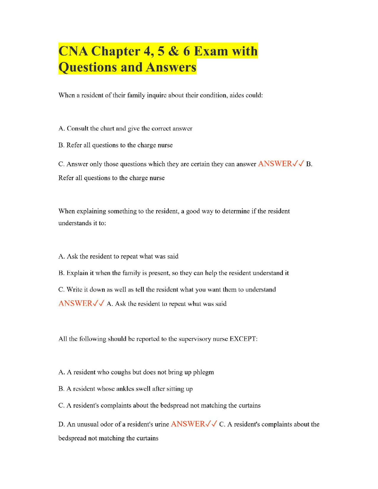 CNA Chapter 4, 5 & 6 Exam with Questions and Answers | Exams Nursing | Docsity