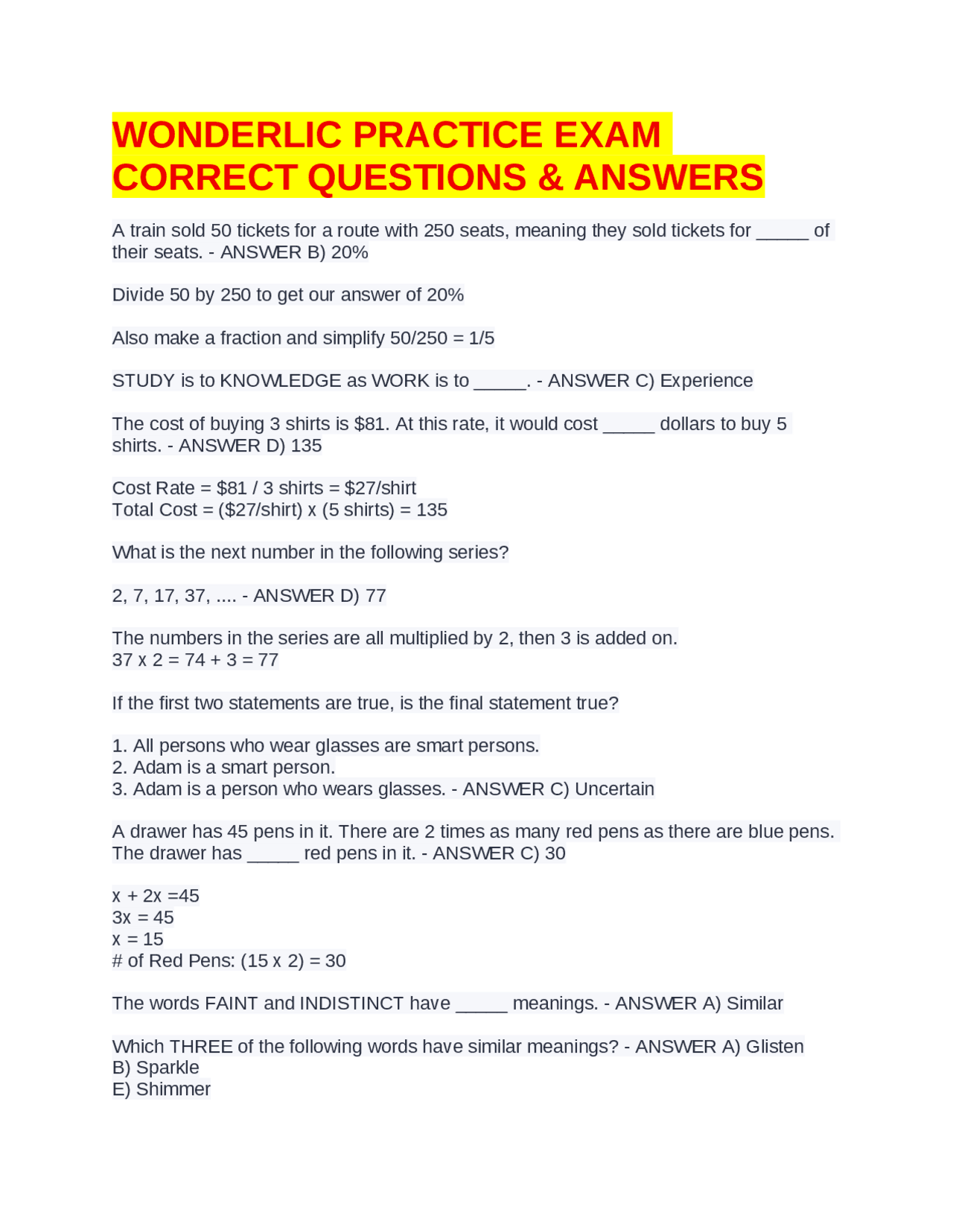 WONDERLIC PRACTICE EXAM CORRECT QUESTIONS & ANSWERS | Exams Accounting ...