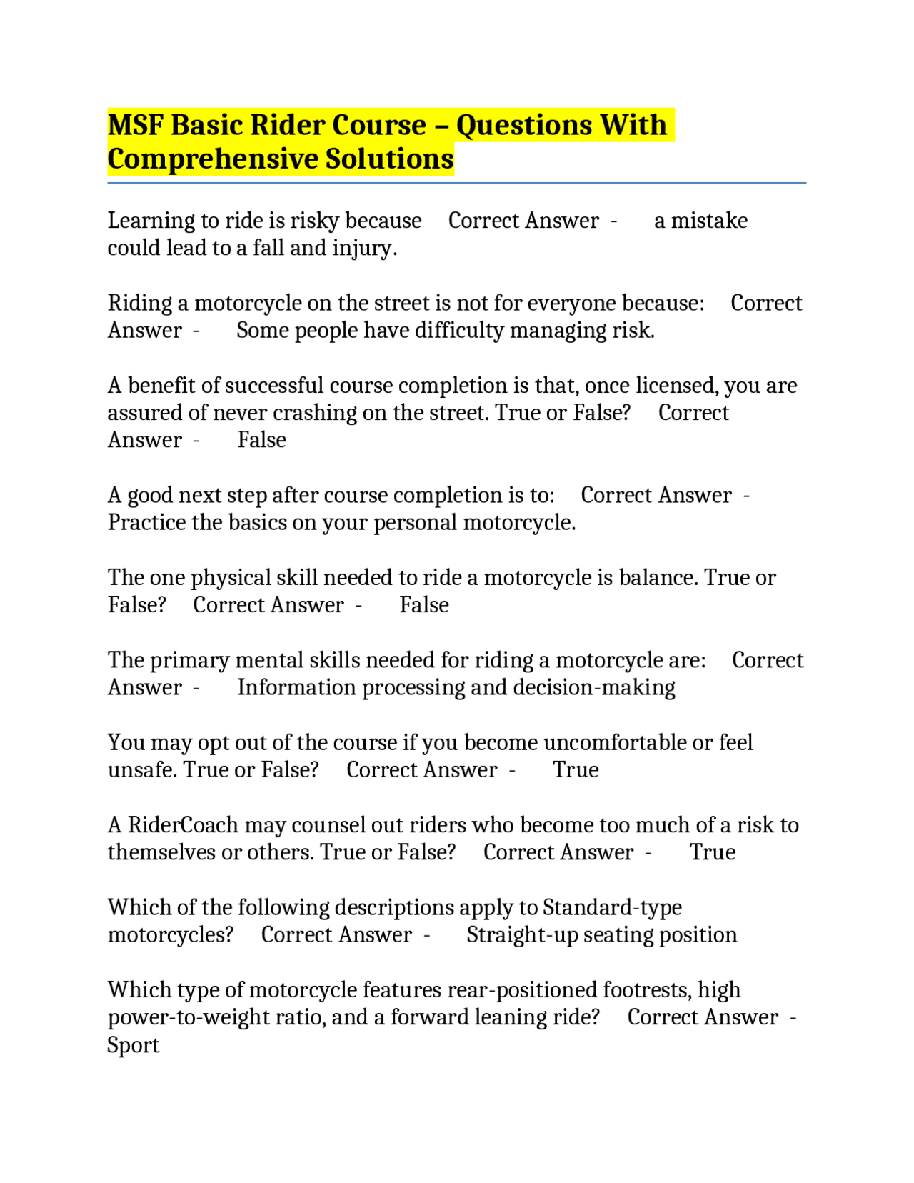 MSF Basic Rider Course – Questions With Comprehensive Solutions | Exams ...