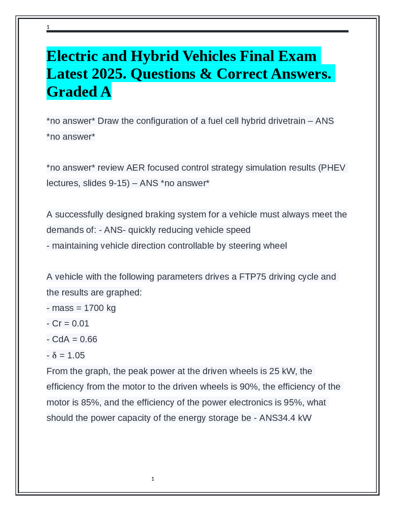 Electric and Hybrid Vehicles Final Exam Latest 2025. Questions ...