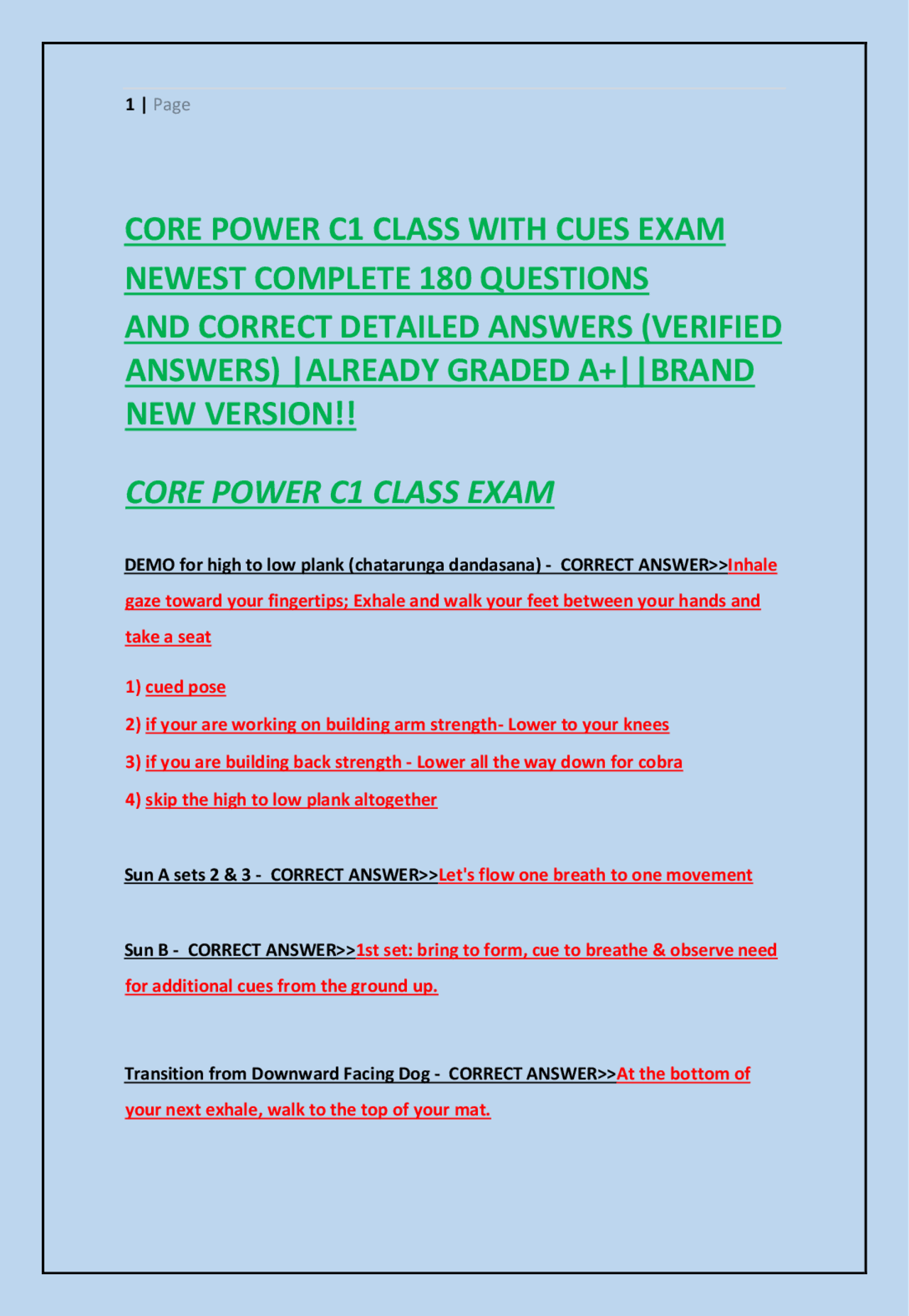 Core Power C1 Yoga Class: Cues and Correct Answers Exam Prep | Exams ...