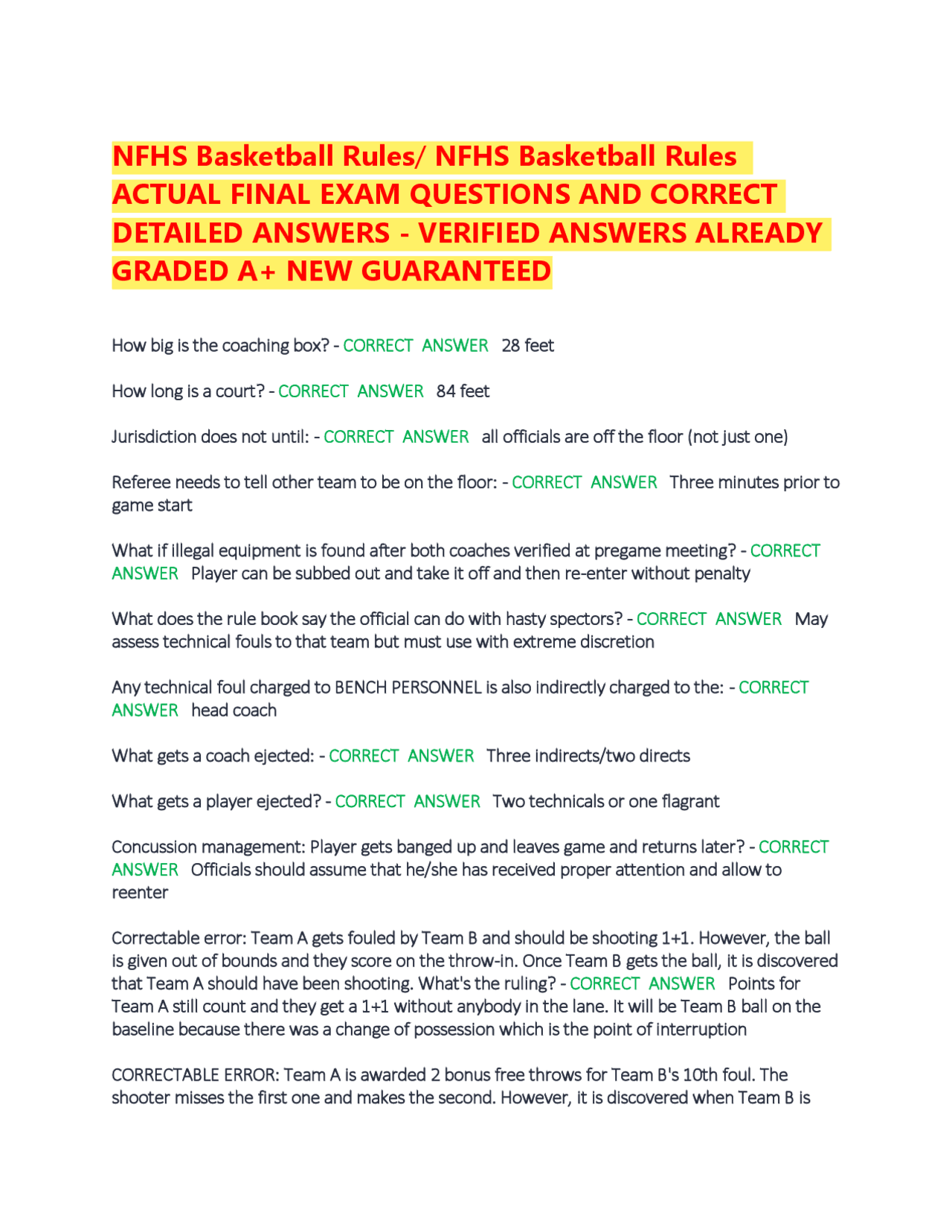NFHS Basketball Rules/ NFHS Basketball Rules ACTUAL FINAL EXAM ...