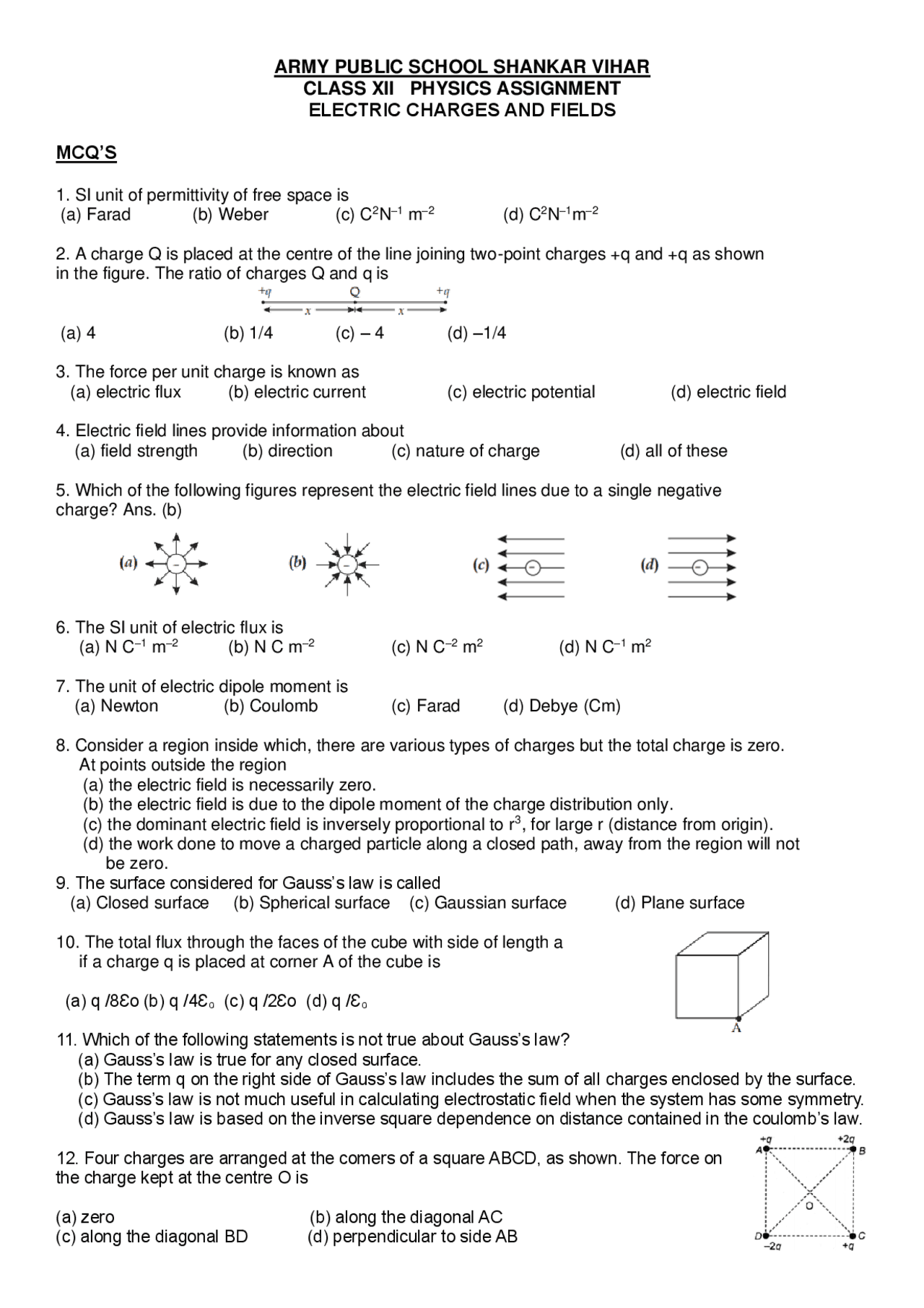 Electric field and charges Assignment class 12 | Assignments Physics | Docsity