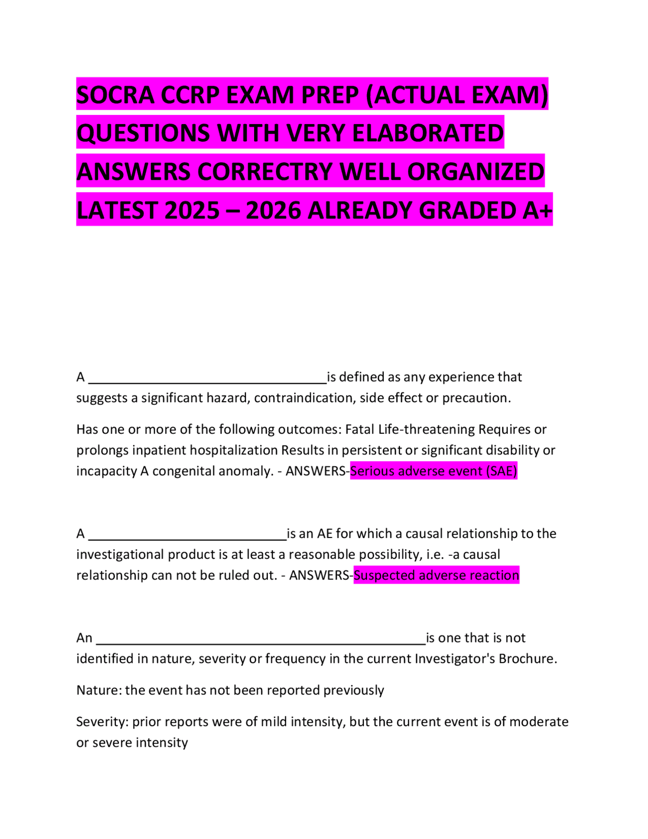 SOCRA CCRP EXAM PREP (ACTUAL EXAM) QUESTIONS WITH VERY ELABORATED ...