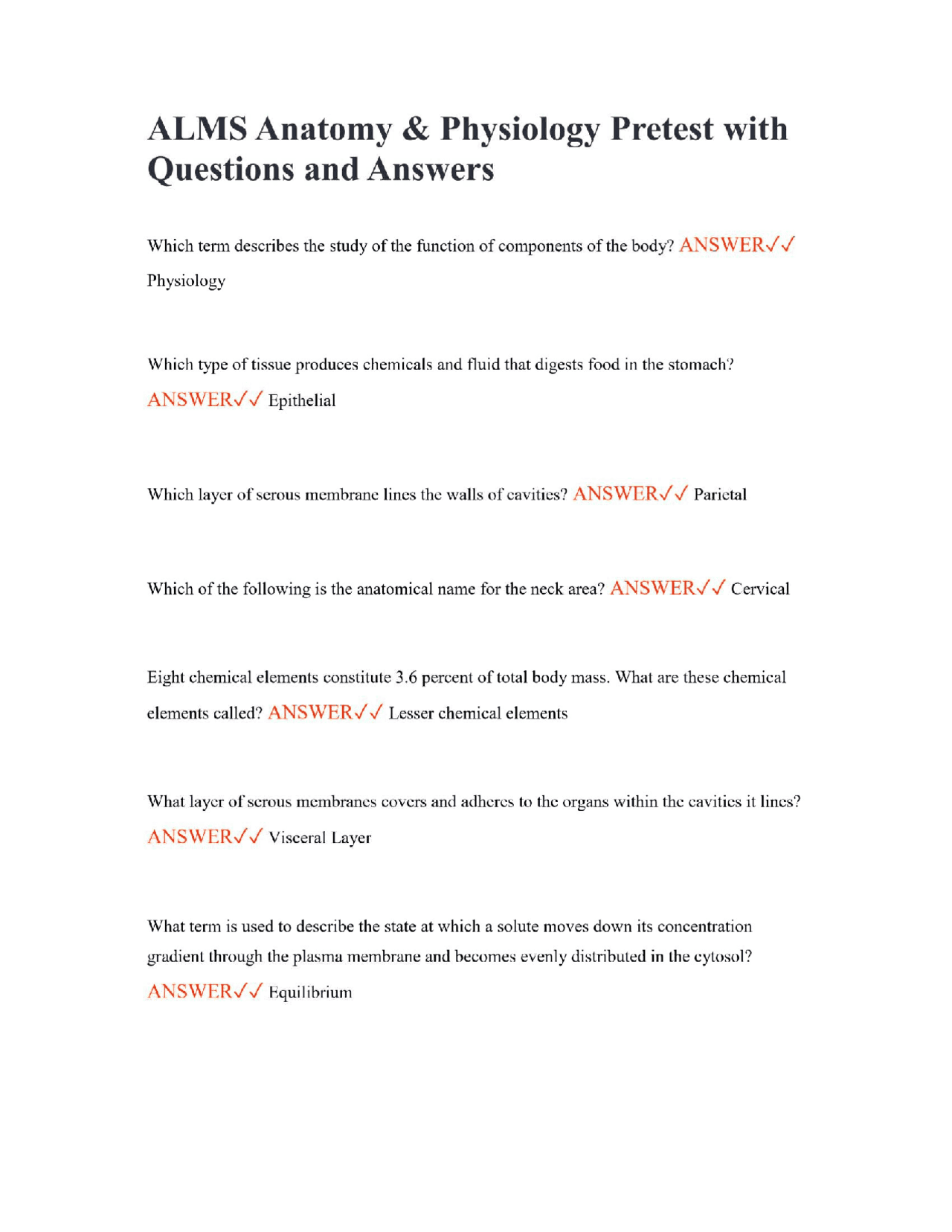 ALMS Anatomy & Physiology Pretest with Questions and Answers | Exams ...