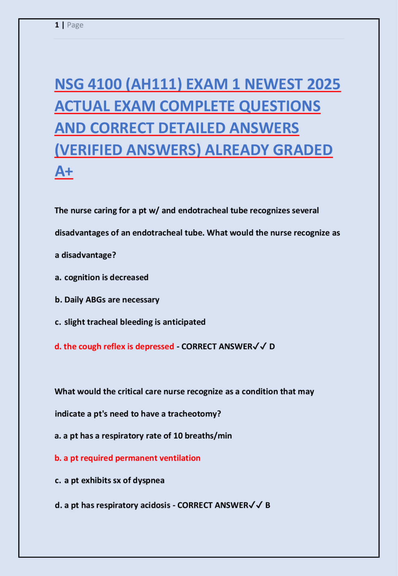 NSG 4100 (AH111) EXAM 1 NEWEST 2025 ACTUAL EXAM COMPLETE QUESTIONS AND ...
