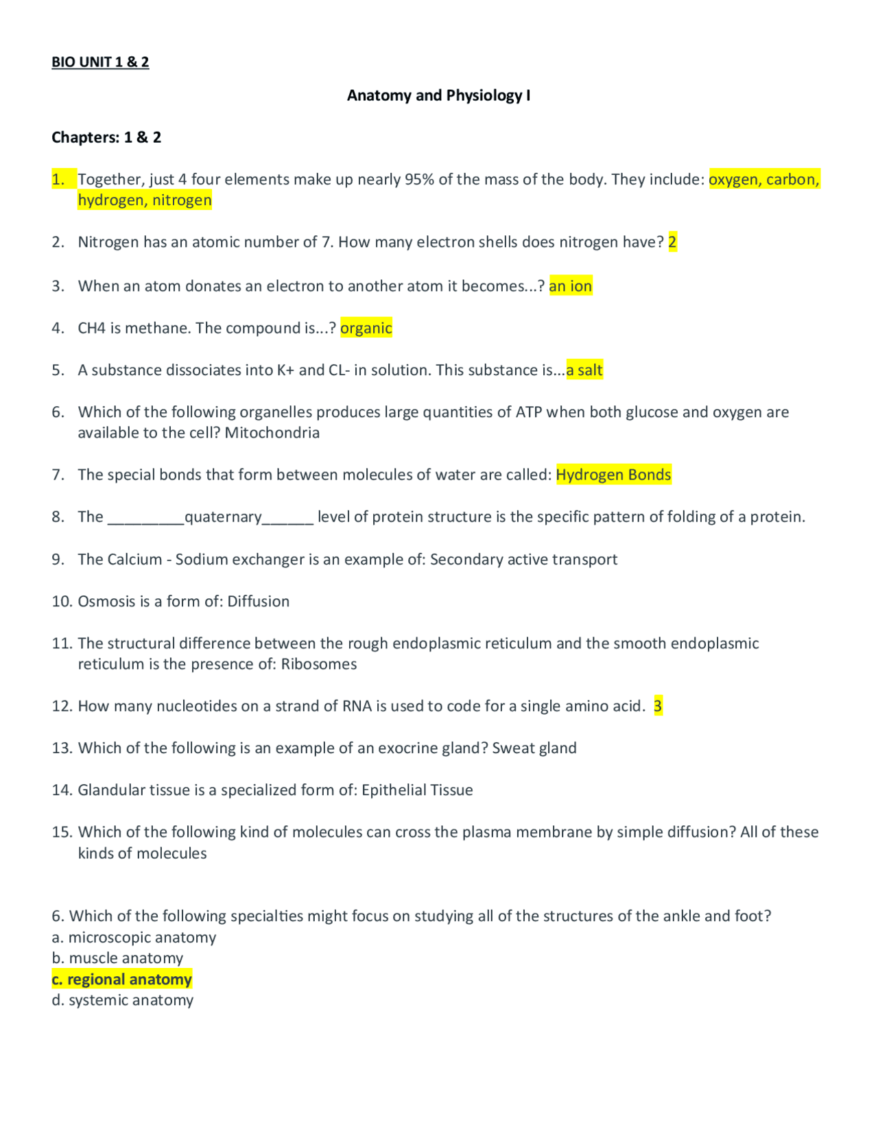 BIO 1100 AP 1 - Unit 1 and 2 Study Guide SUMMER 2025 GALEN | Quizzes ...