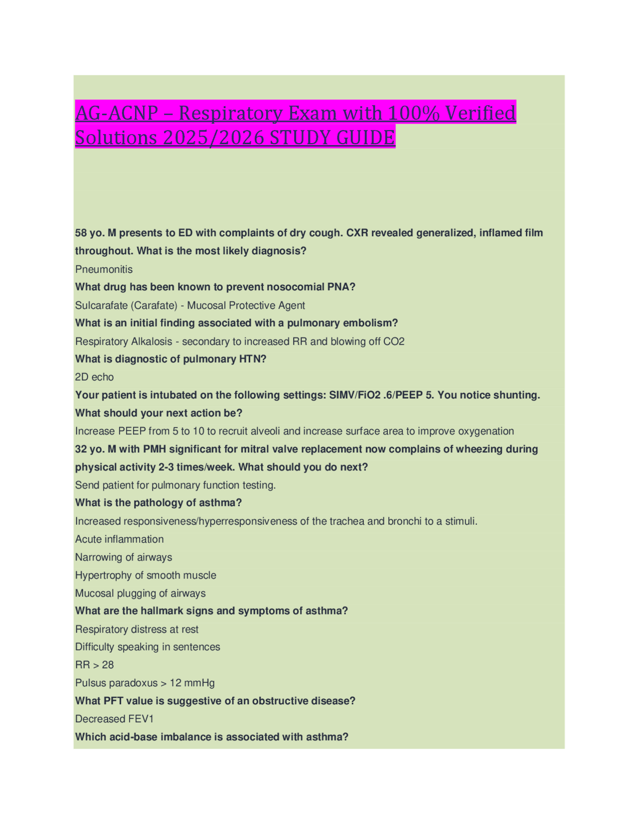 AG-ACNP – Respiratory Exam with 100% Verified Solutions 2025/2026 STUDY ...
