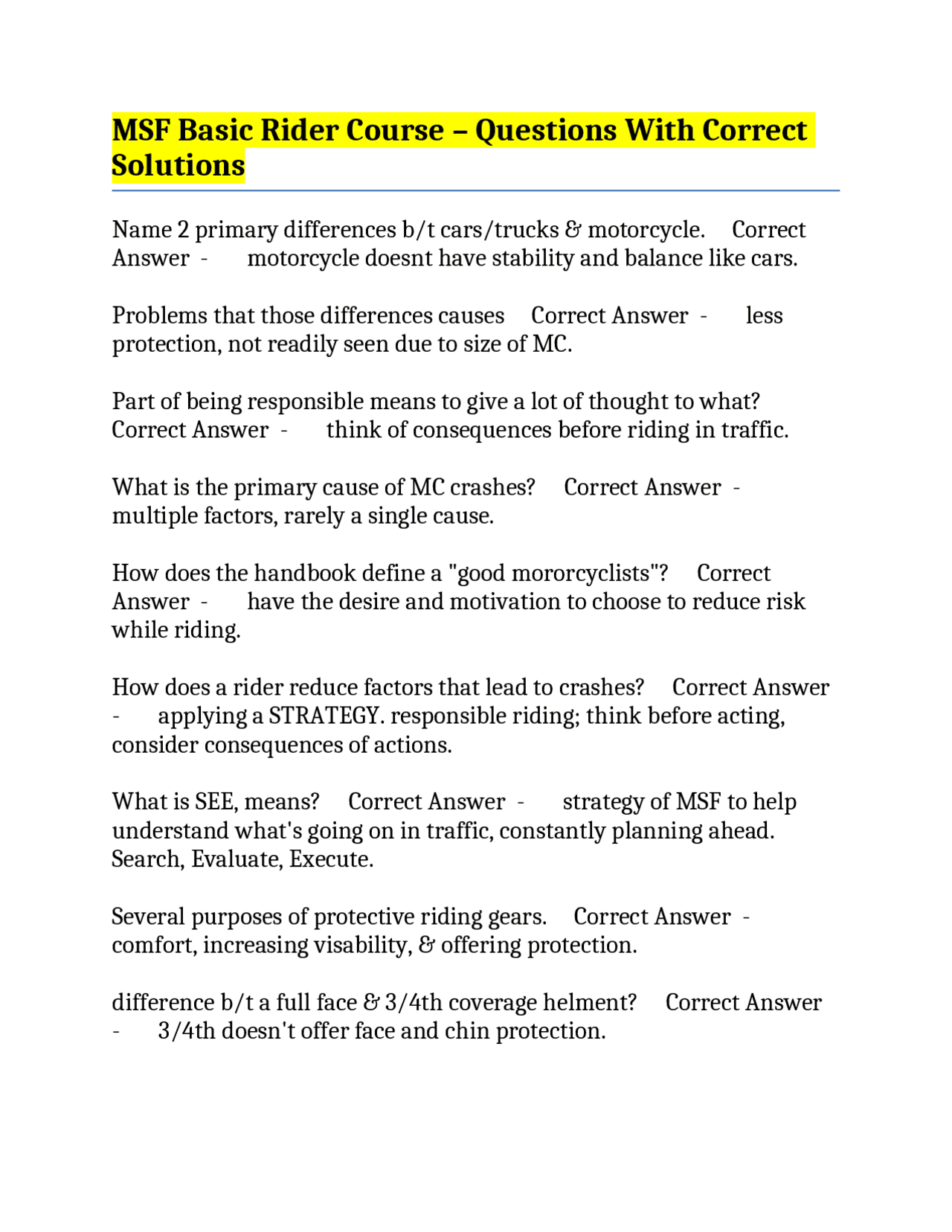 MSF Basic Rider Course – Questions With Correct Solutions | Exams ...