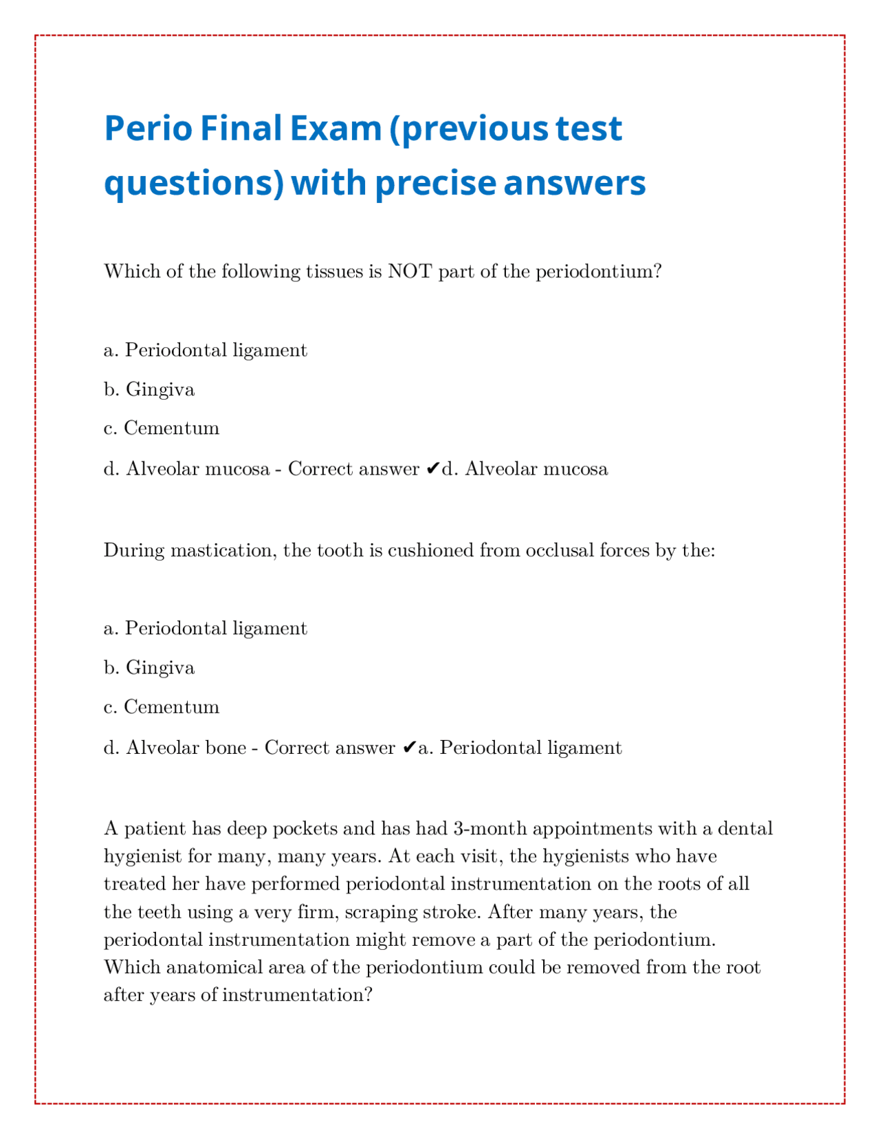Perio Final Exam (previous test questions) with precise answers | Exams ...